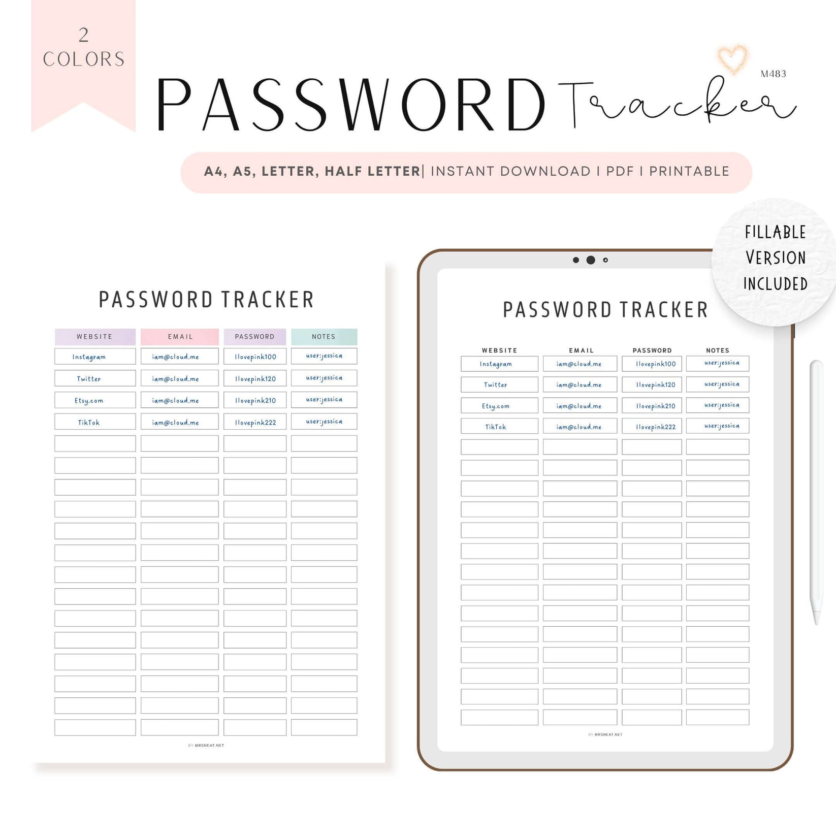 FILLABLE Password Tracker Template PRINTABLE - M483 – mrsneat