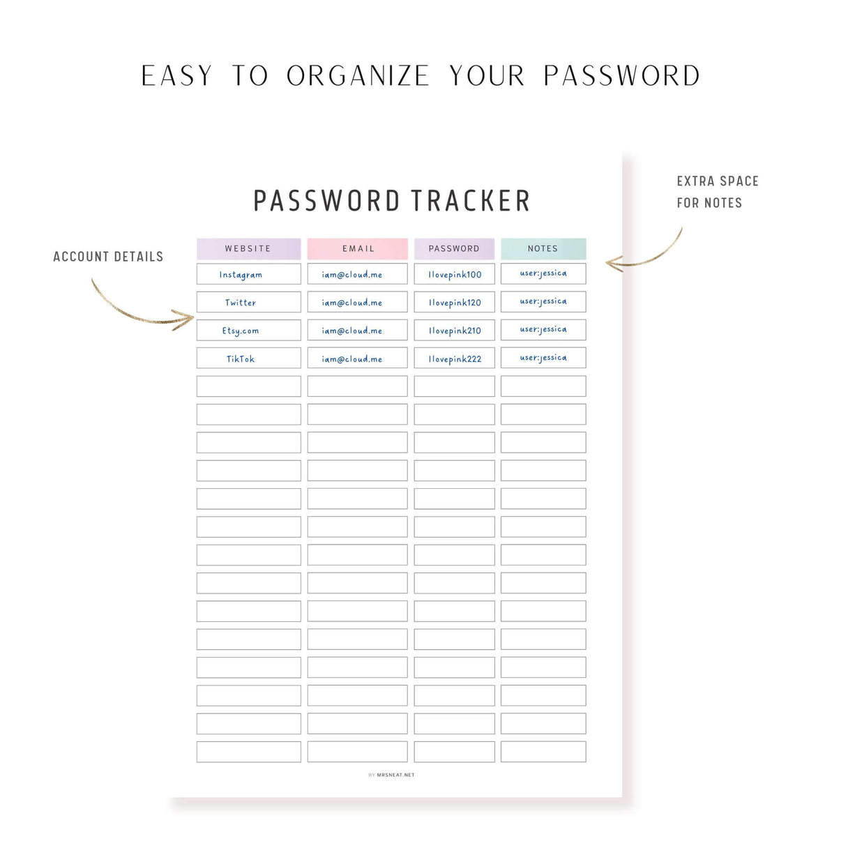 Editable Password Tracker Template - M483 – mrsneat