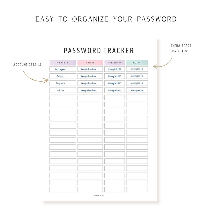 Editable Password Tracker Template - M483 – mrsneat