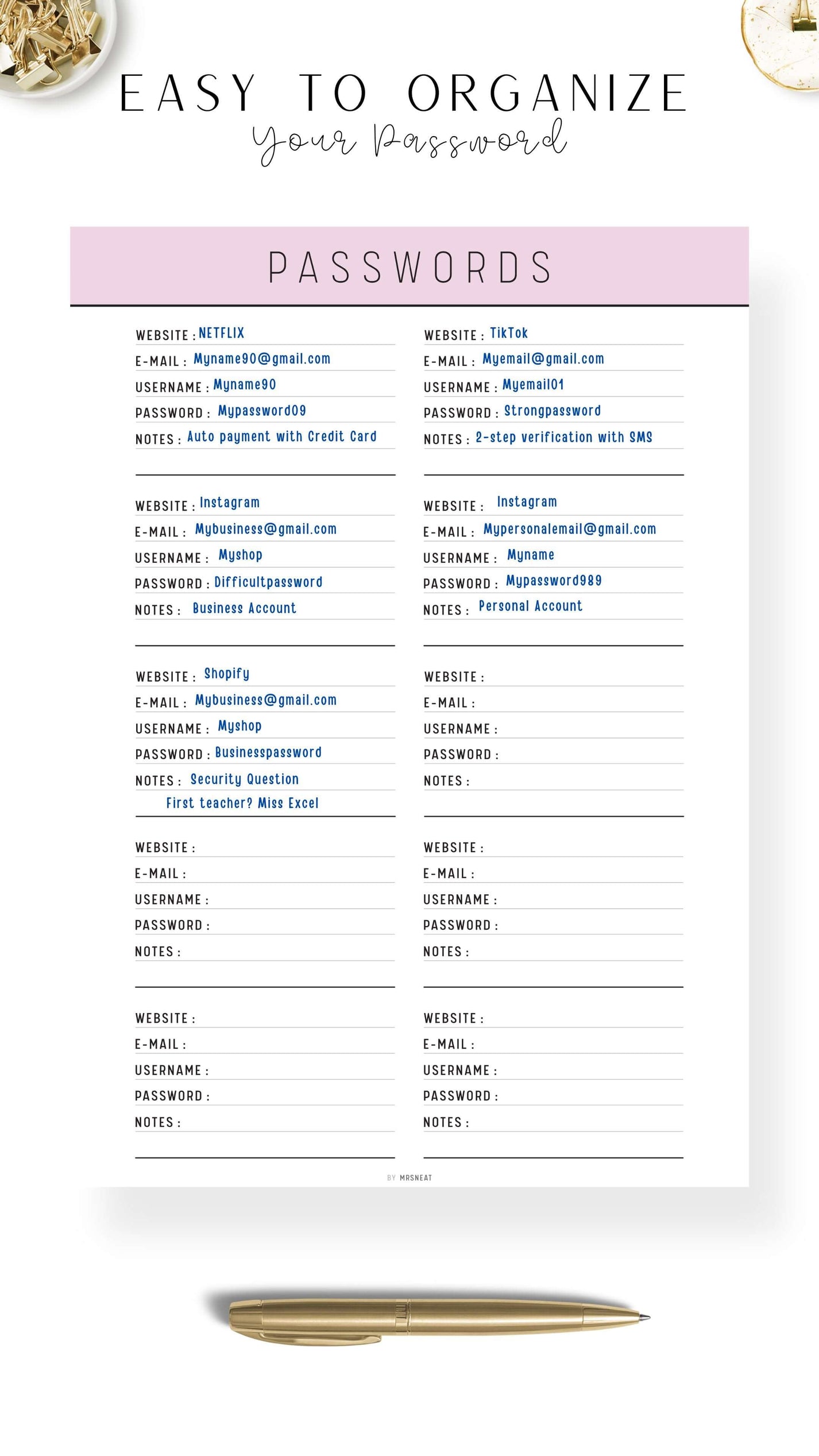 Password Tracker Template Printable - M268 – mrsneat
