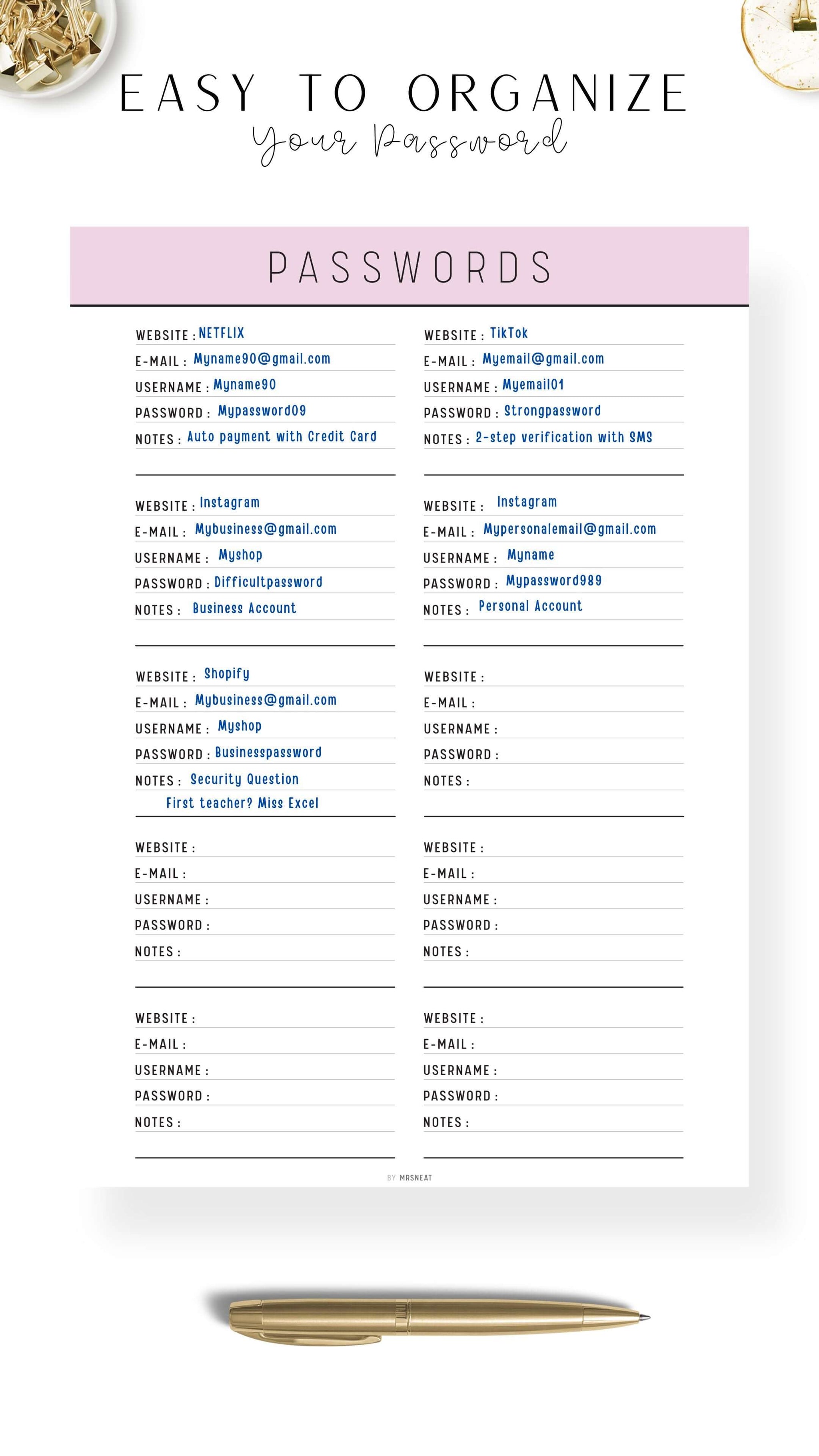 Password Tracker Template Printable – mrsneat