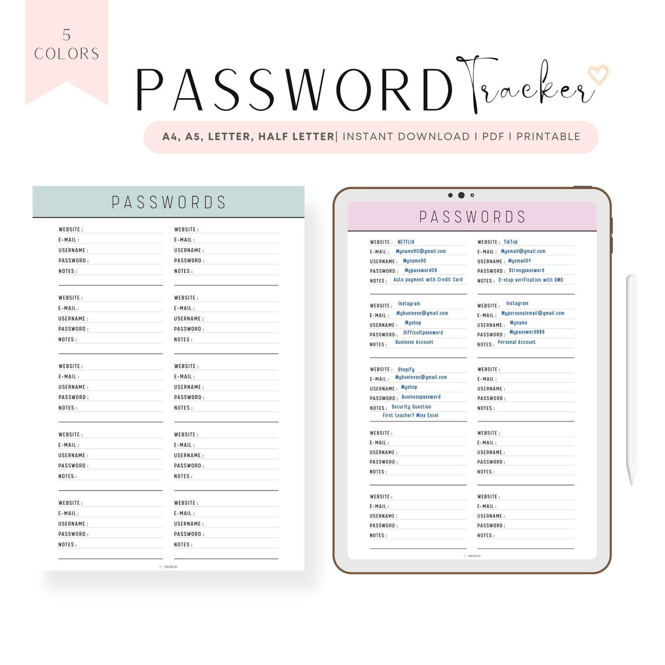Password Tracker Template Printable - M268 – mrsneat