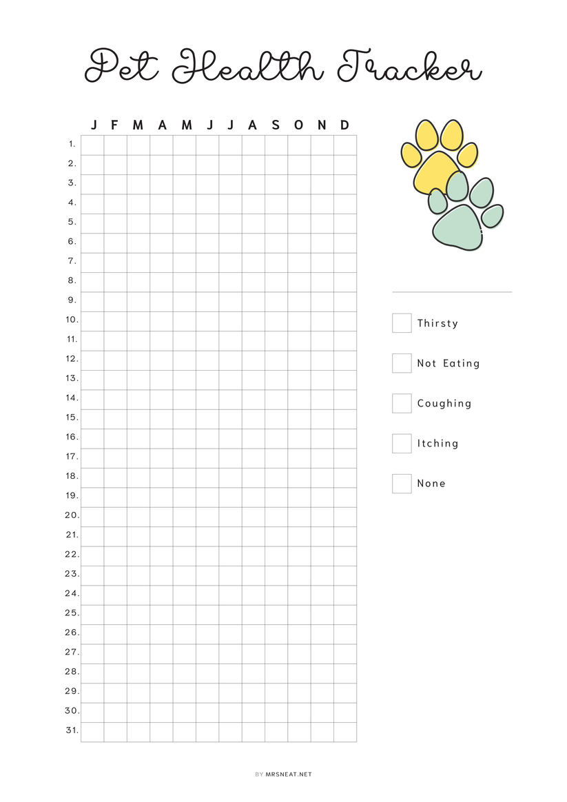 Pet Health Tracker Printable - M528 – mrsneat