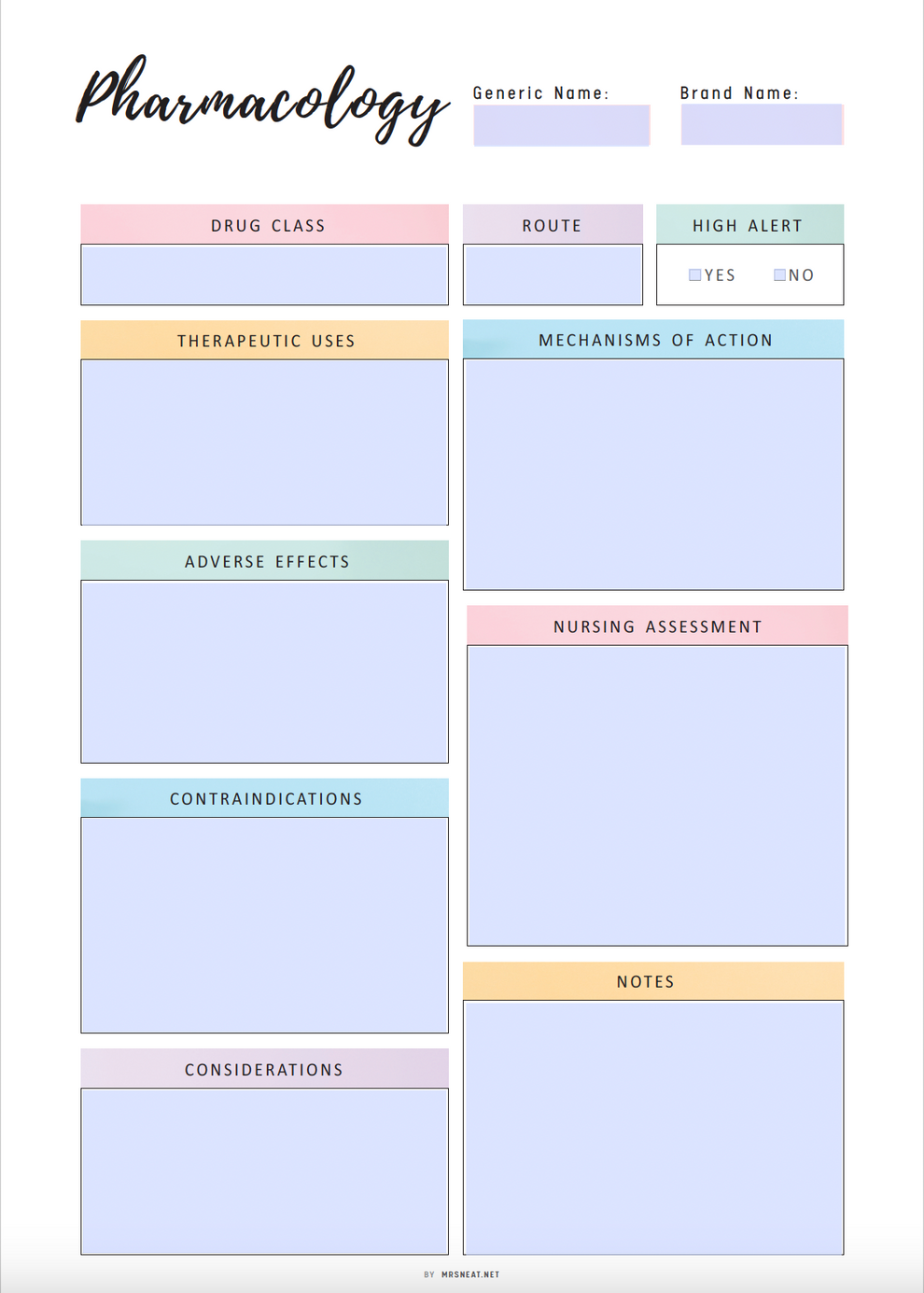 Pharmacology Notes Template Printable - M384 – mrsneat