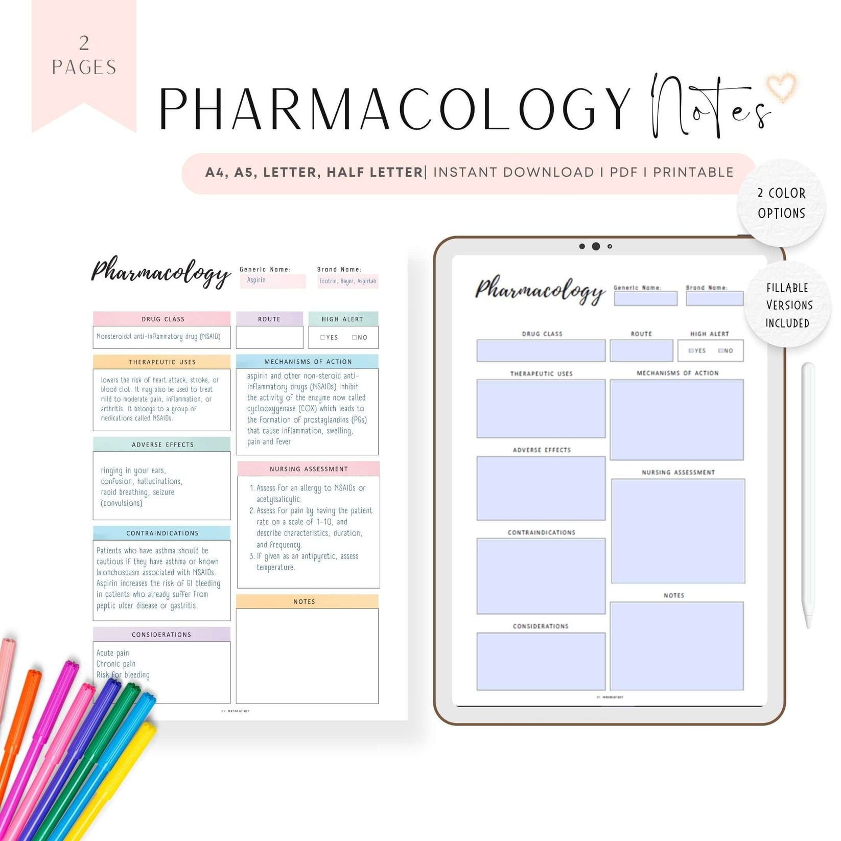 Pharmacology Notes Template Printable – mrsneat