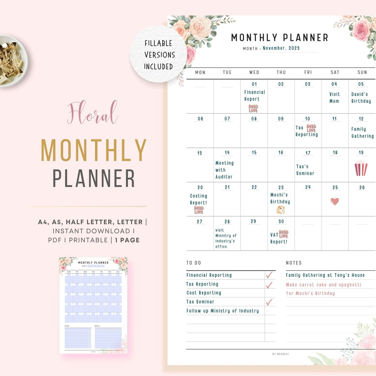 Free Pink Blush Floral Monthly Planner Printable - M130 – mrsneat