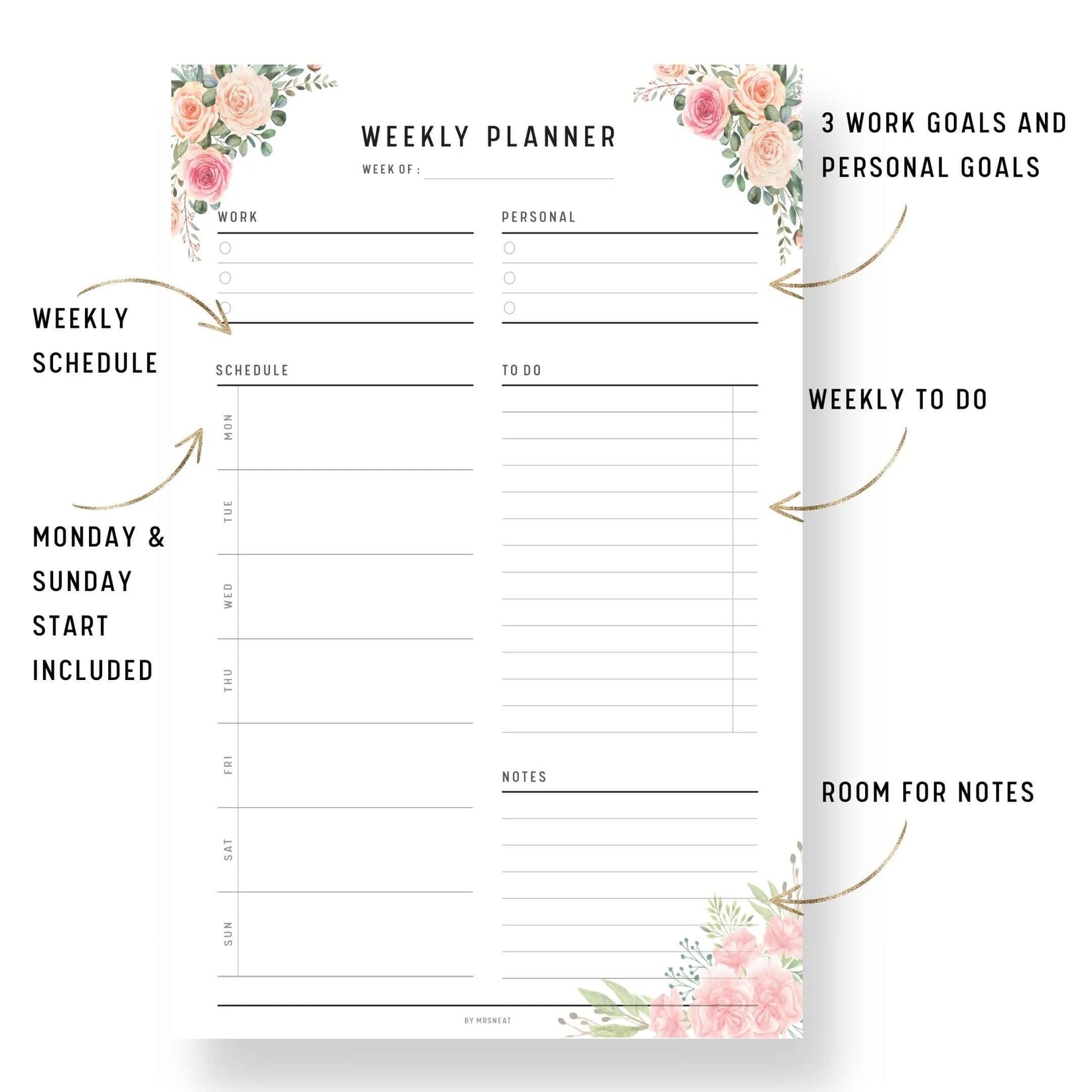 Pink Floral Daily, Weekly, Monthly Planner Printable - M239 – mrsneat