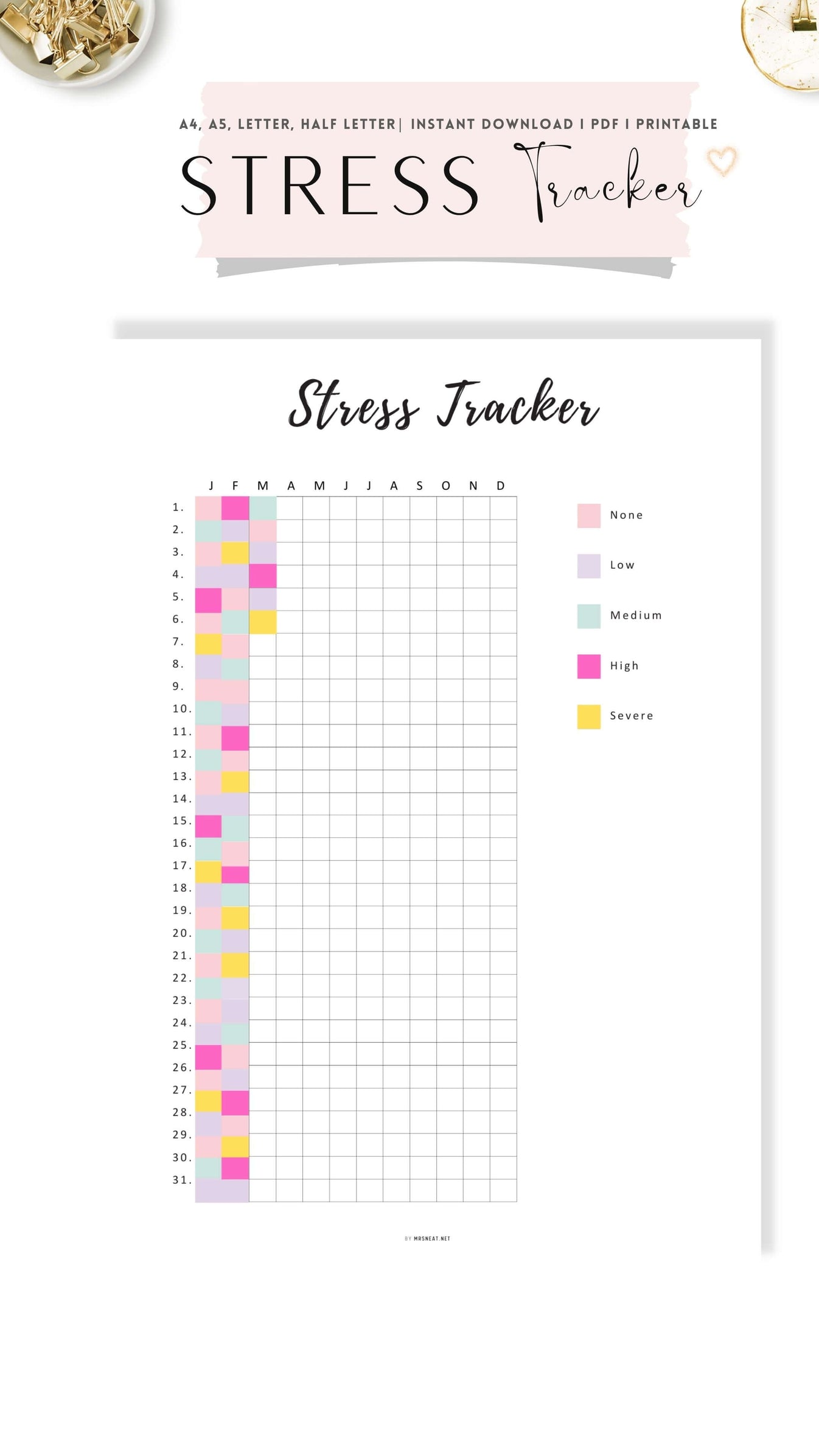 Printable Stress Tracker One Year Template - M338 – mrsneat