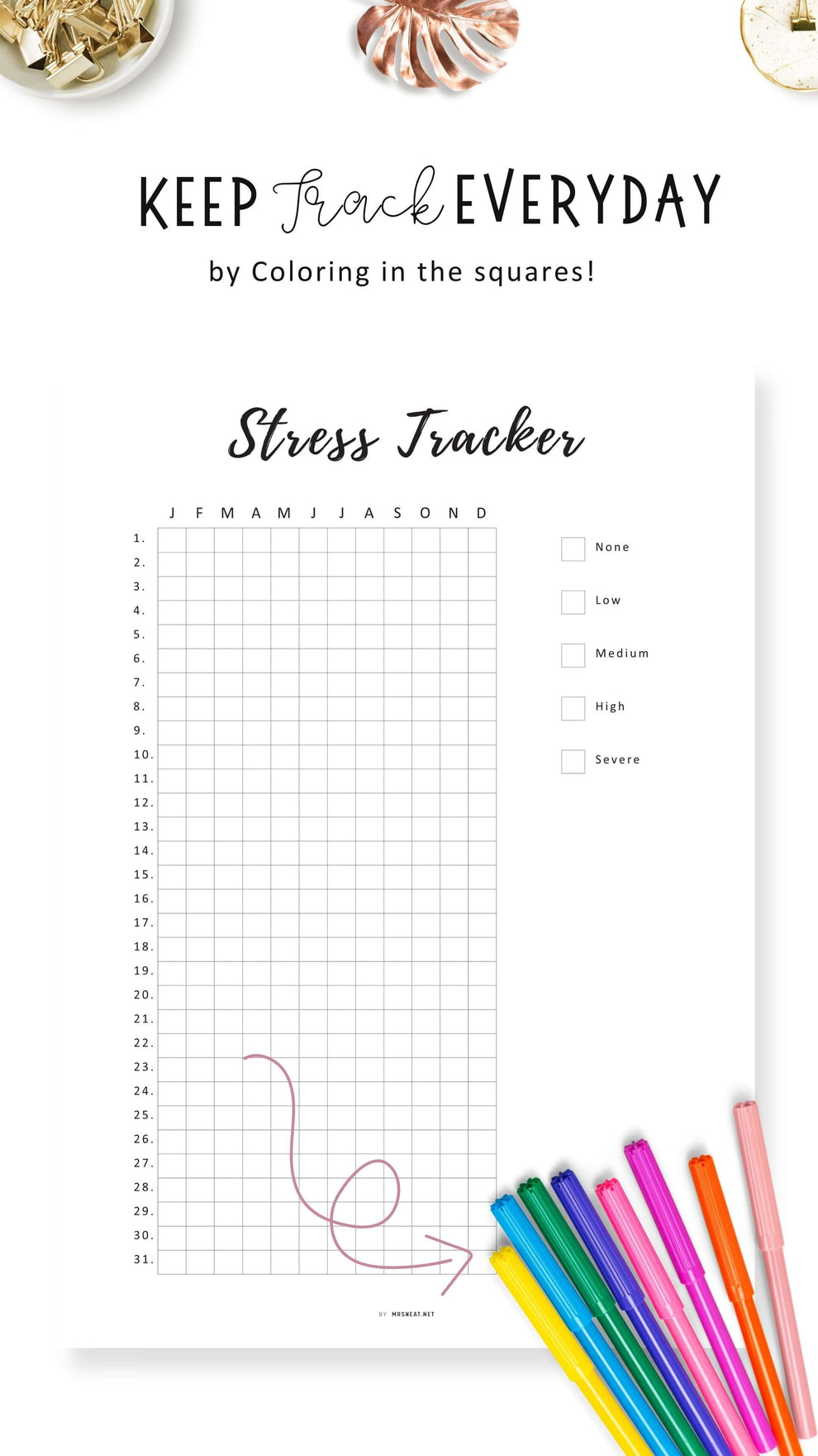 Printable Stress Tracker One Year Template - M338 – mrsneat
