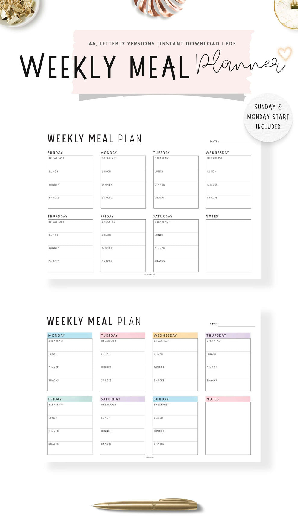Printable Weekly Meal Planner Landscape - M406 – mrsneat