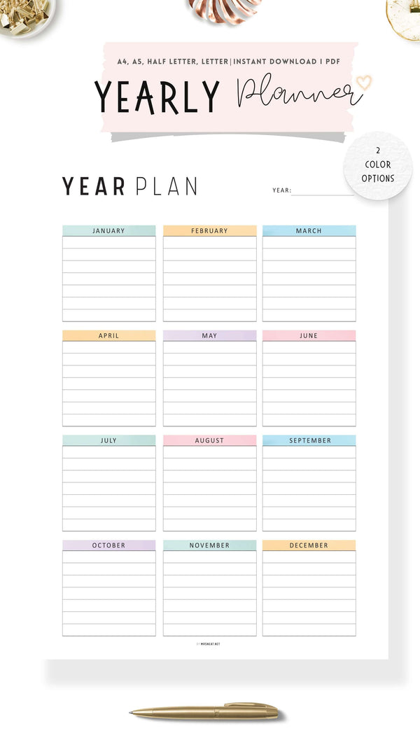 PRINTABLE Yearly Planner Template - M408 – mrsneat