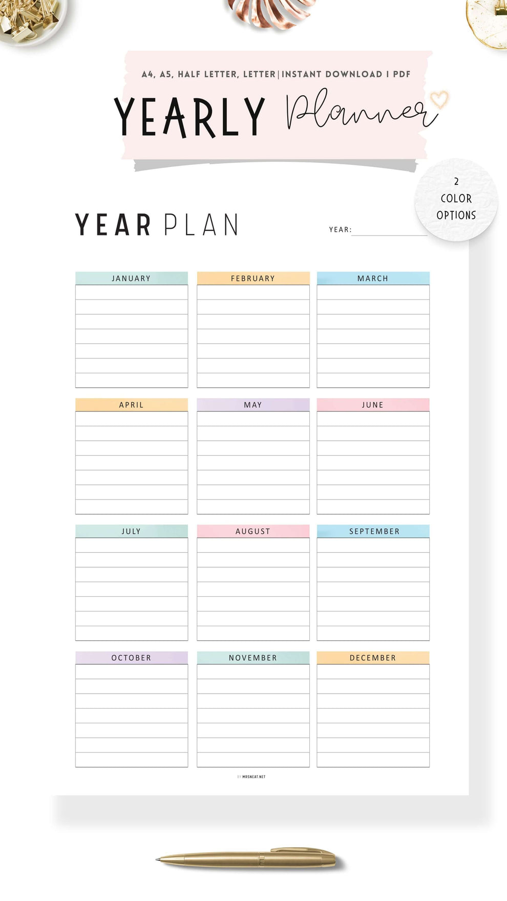 PRINTABLE Yearly Planner Template - M408 – mrsneat