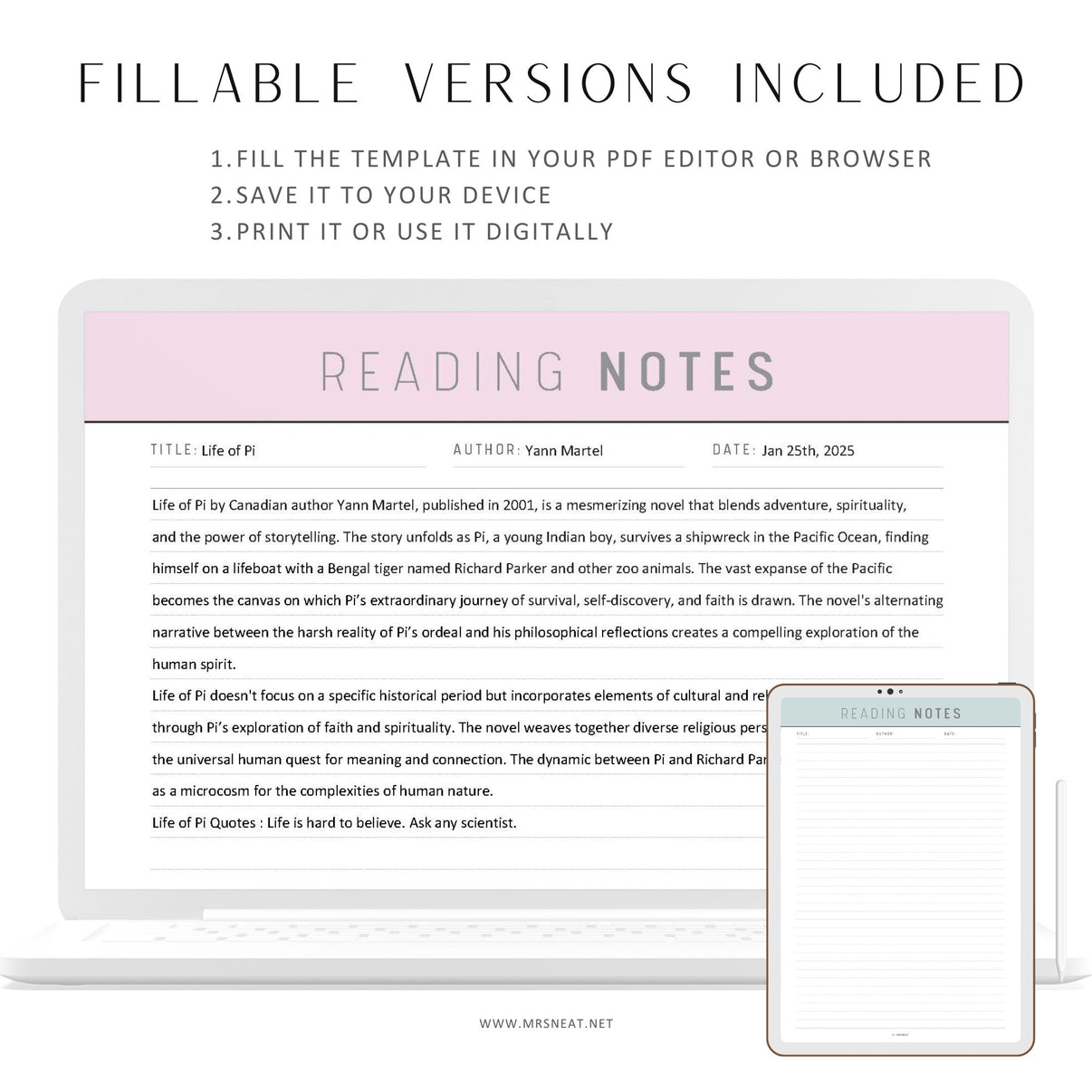 Reading Notes Template Printable - M231 – mrsneat