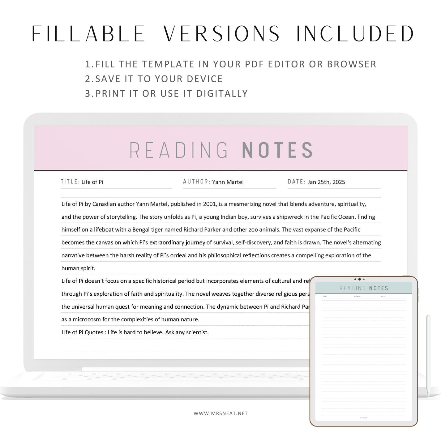 Reading Notes Template Printable - M231 – mrsneat