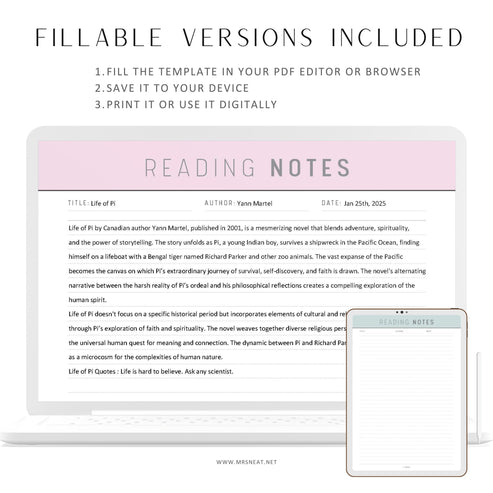 Reading Notes Template Printable - M231 – mrsneat
