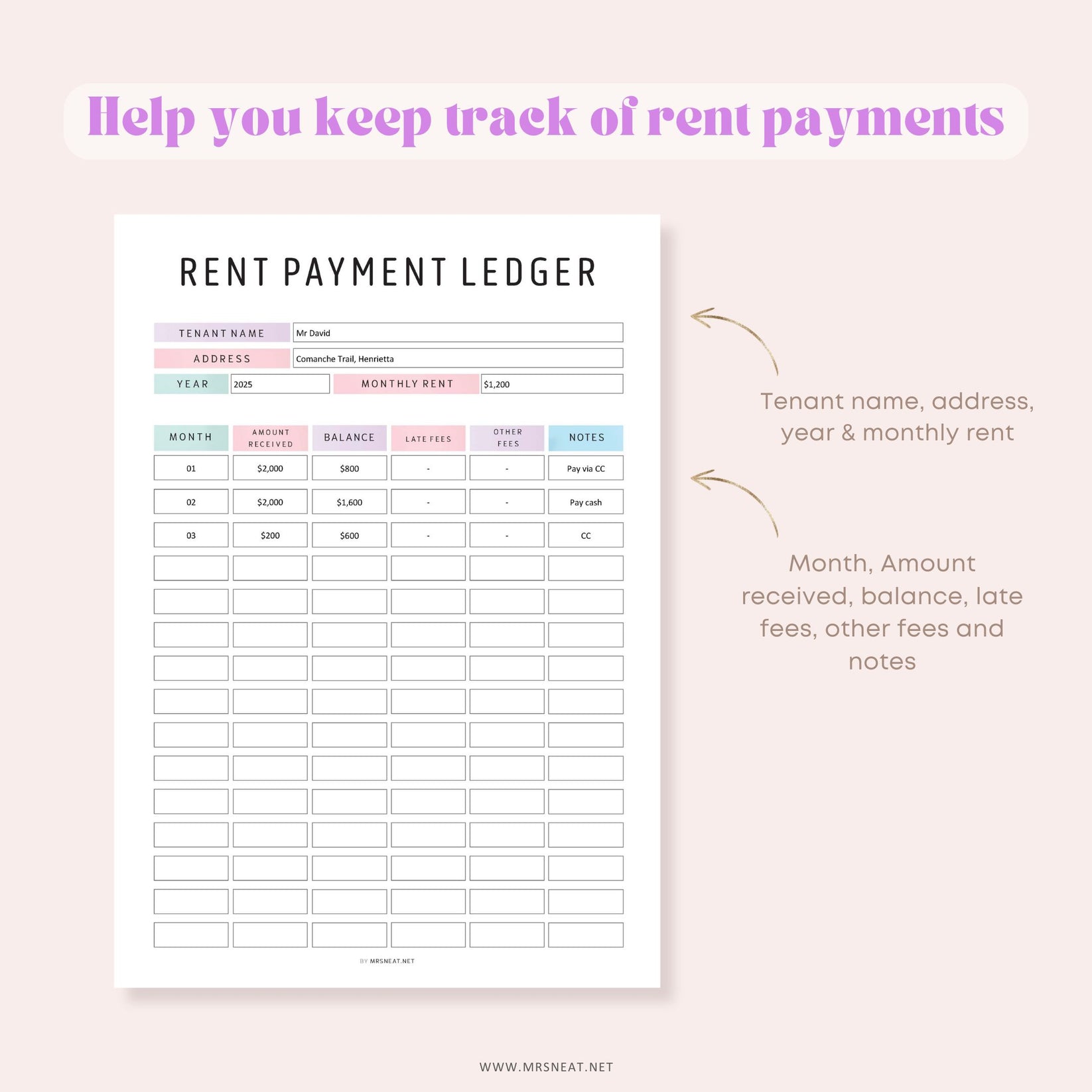 Rent Payment Ledger Template PDF - M514 – mrsneat