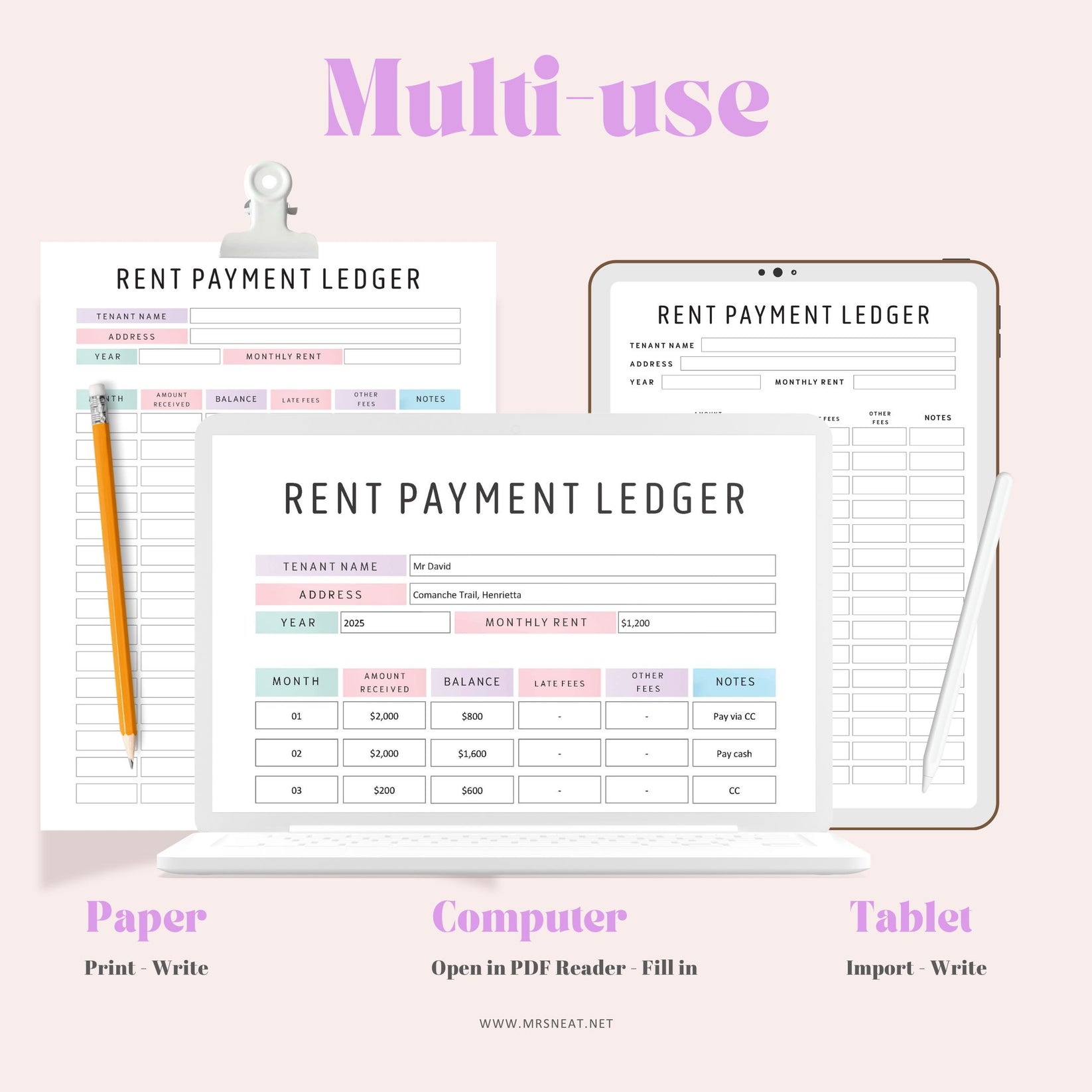 Rent Payment Ledger Template PDF - M514 – mrsneat