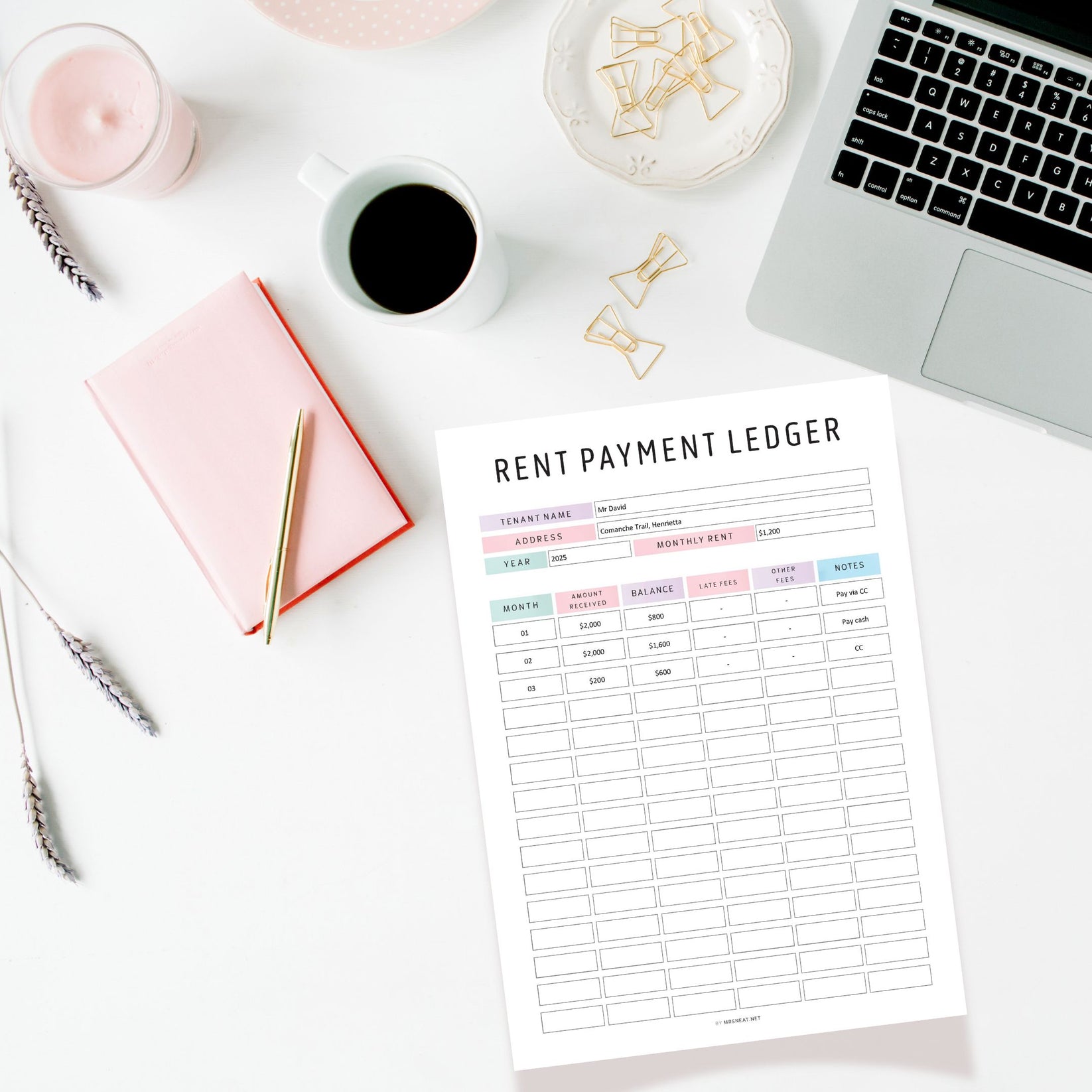 Rent Payment Ledger Template PDF - M514 – mrsneat