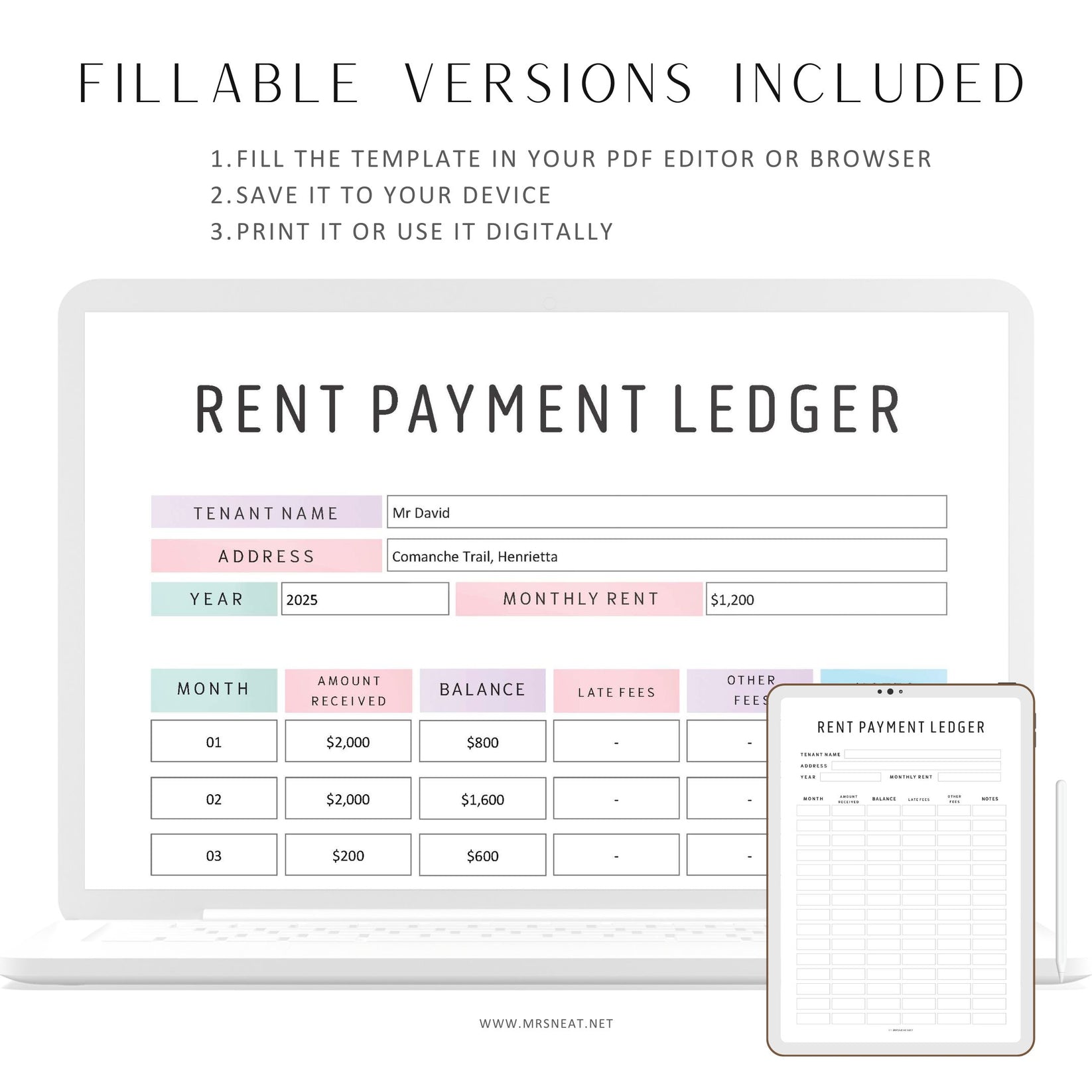 Rent Payment Ledger Template PDF - M514 – mrsneat