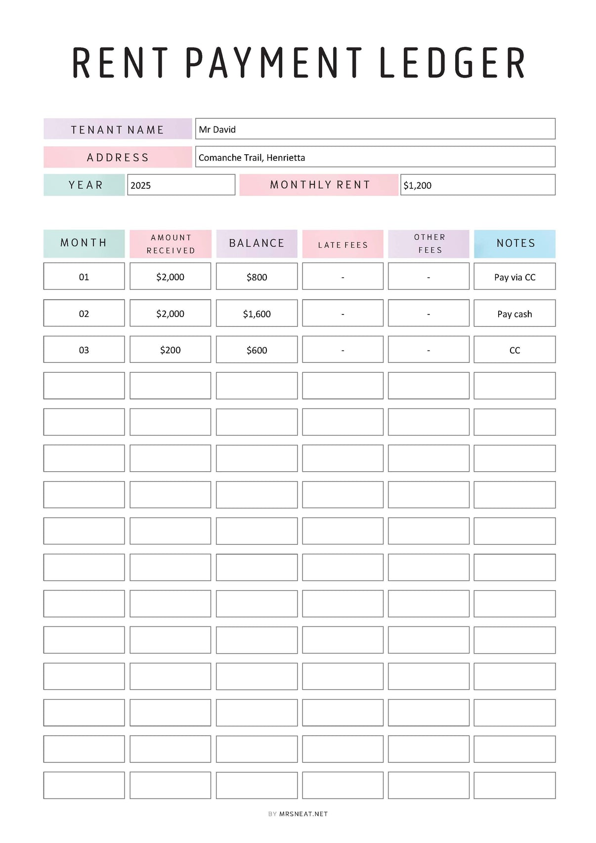 Rent Payment Ledger Template PDF - M514 – mrsneat