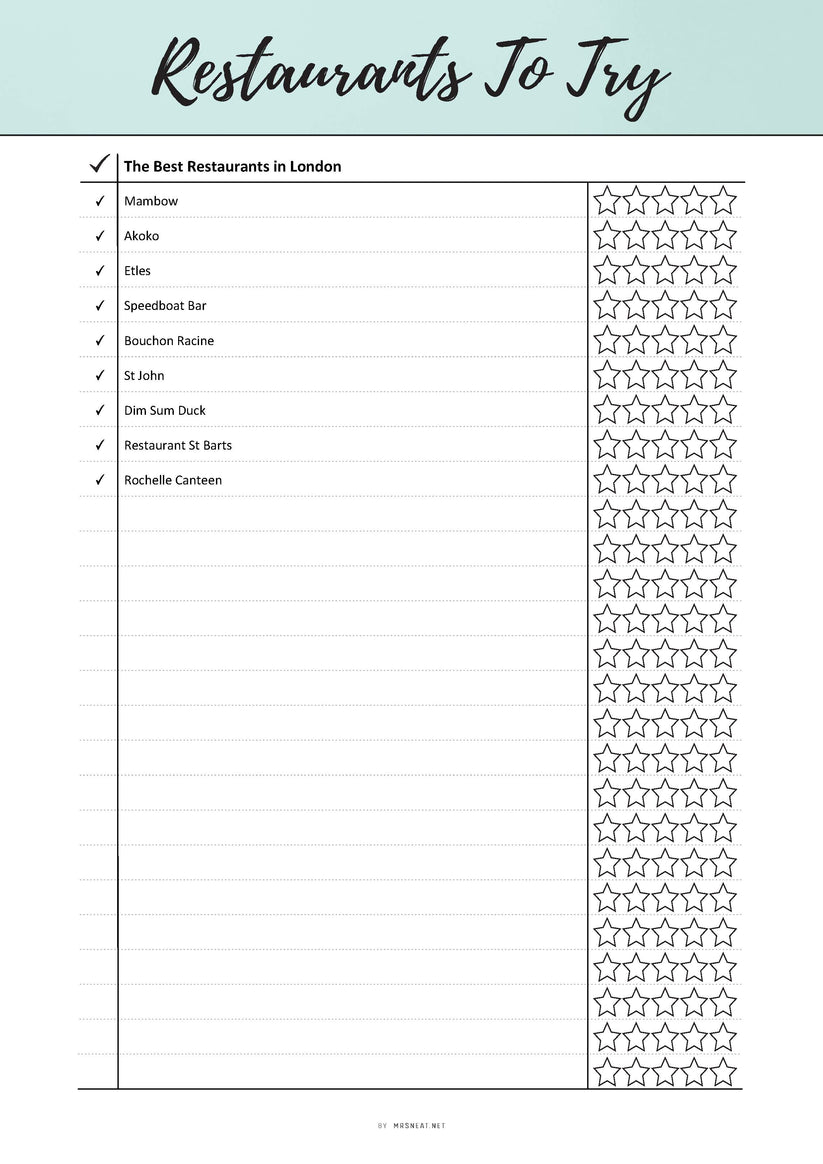 Restaurants To Try List Template - M376 – mrsneat