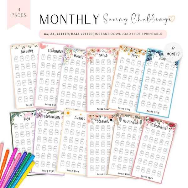 12 Month Savings Challenge Printable - M366 – mrsneat