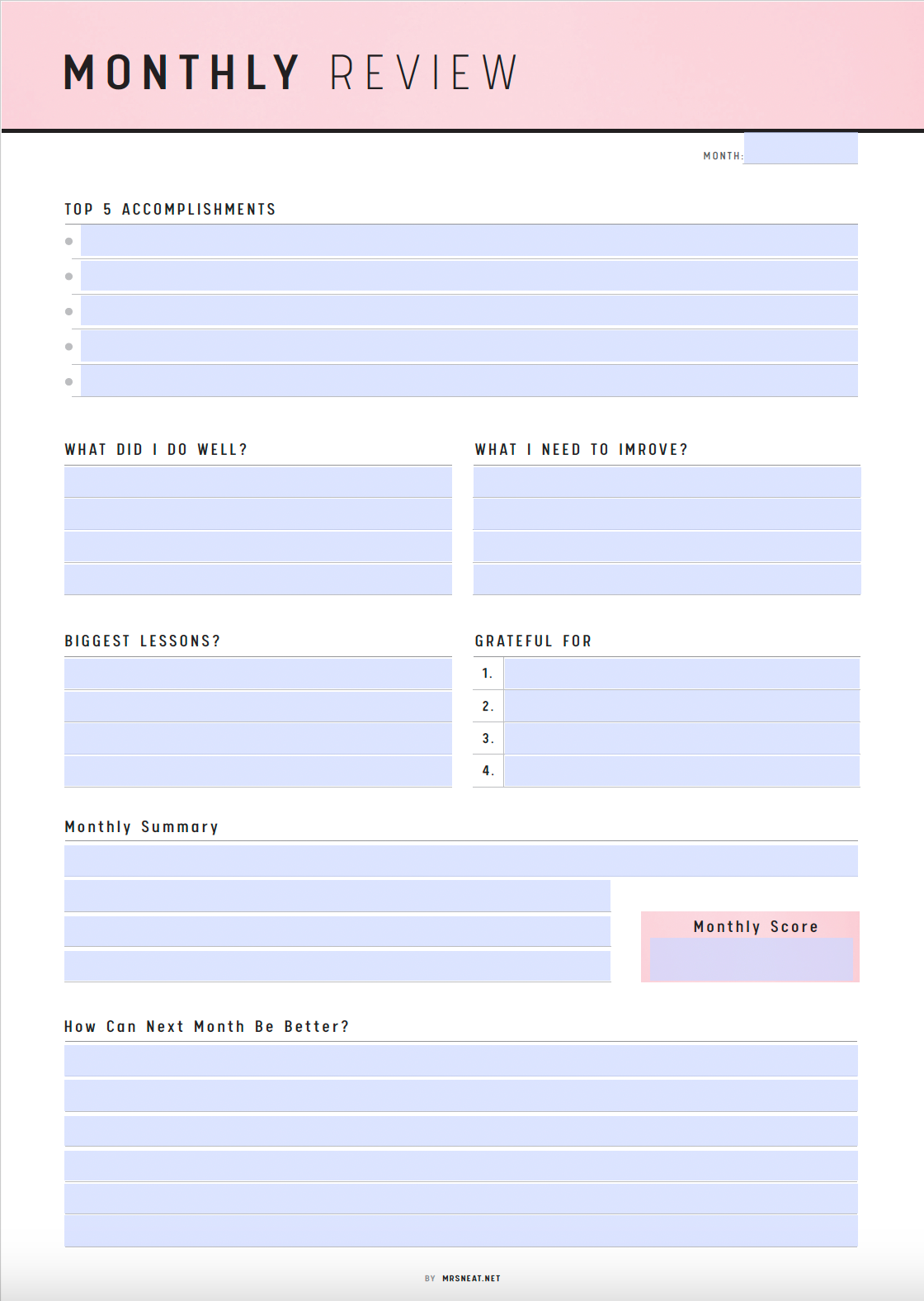 Monthly Review Template Printable - M290 – mrsneat
