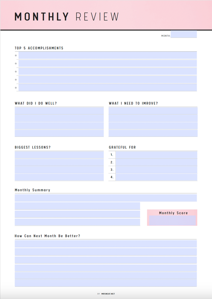Monthly Review Template Printable - M290 – mrsneat