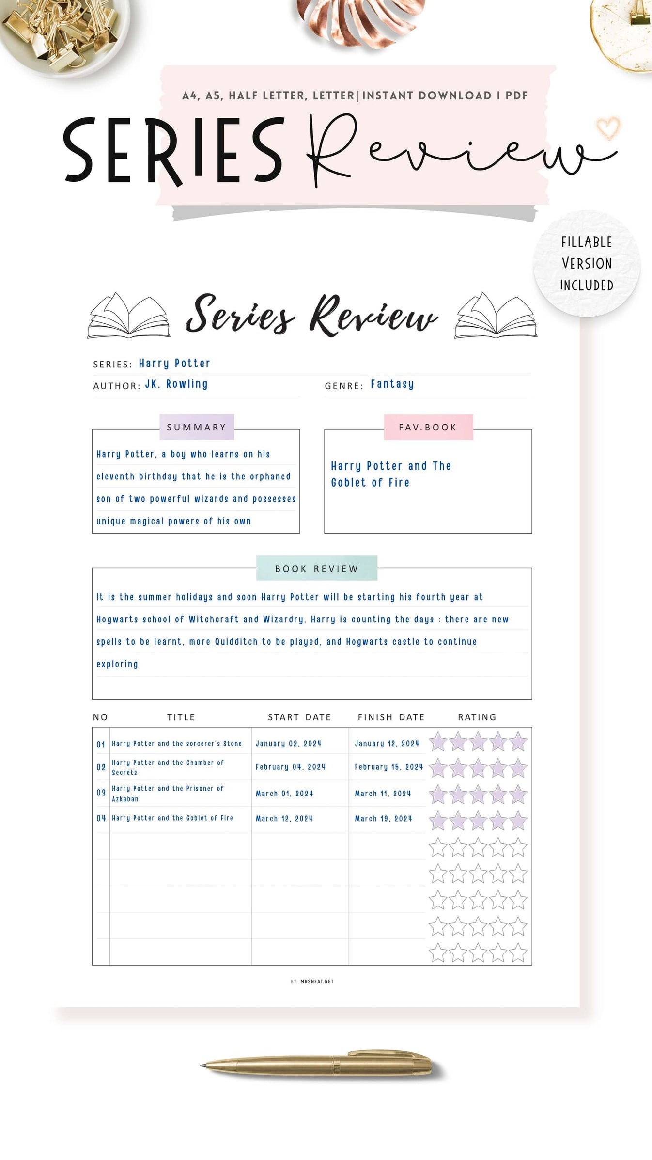 Series Review Tracker Printable – mrsneat