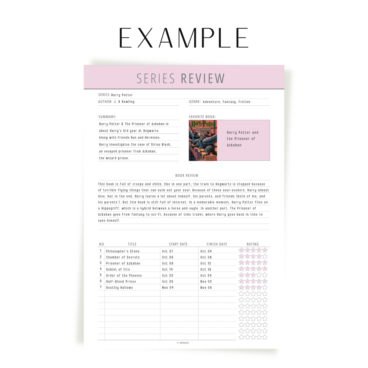 Book Series Review Template PRINTABLE PDF - M213 – mrsneat