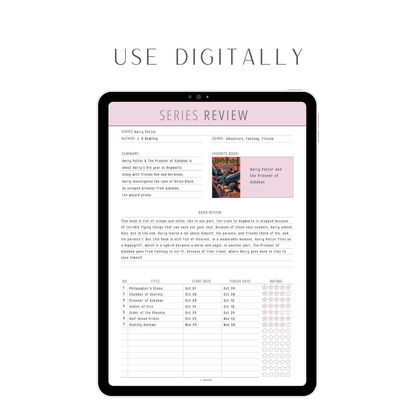 Book Series Review Template PRINTABLE PDF - M213 – mrsneat