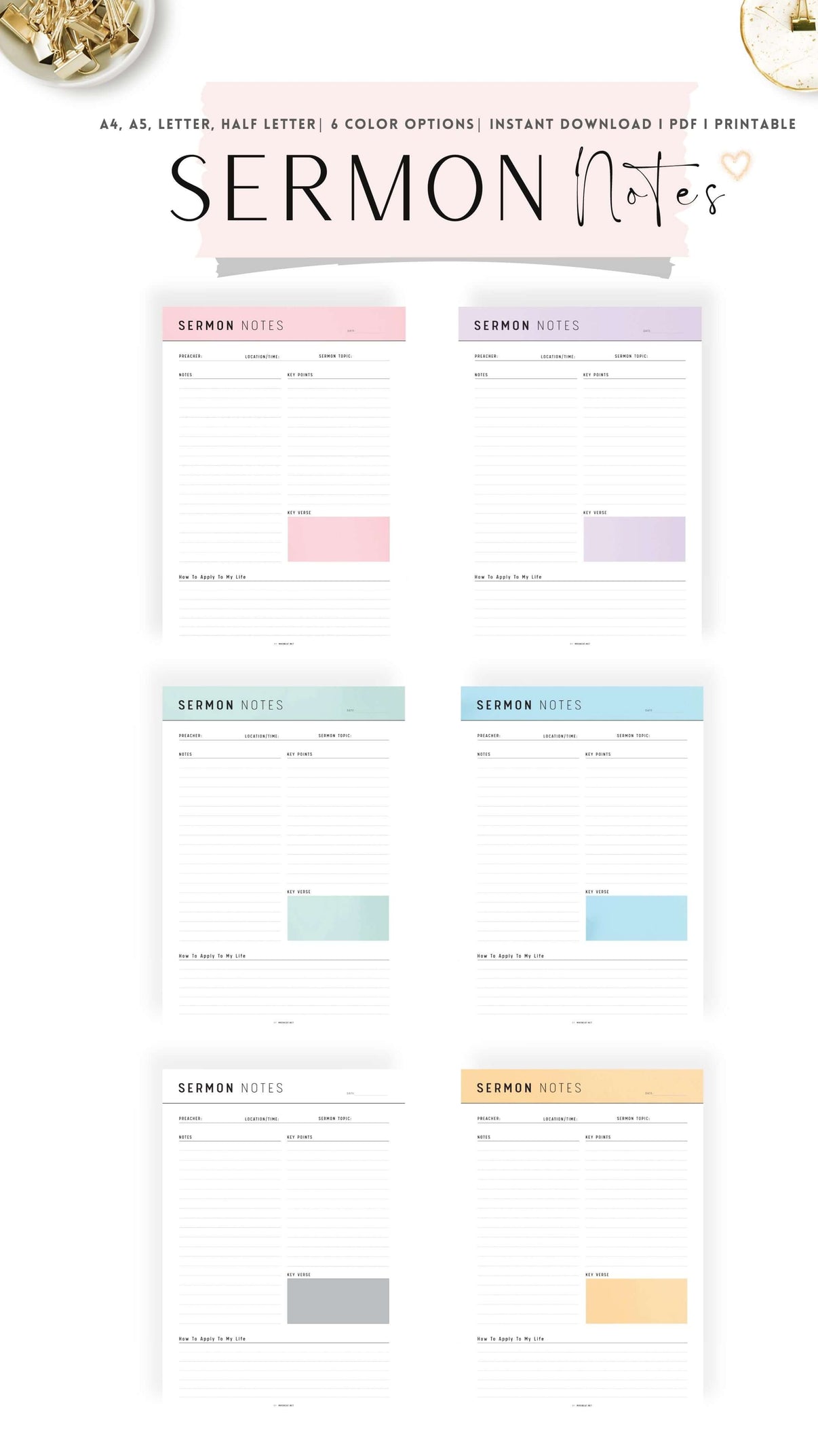 Printable Sermon Notes Journal Template - M301 – mrsneat