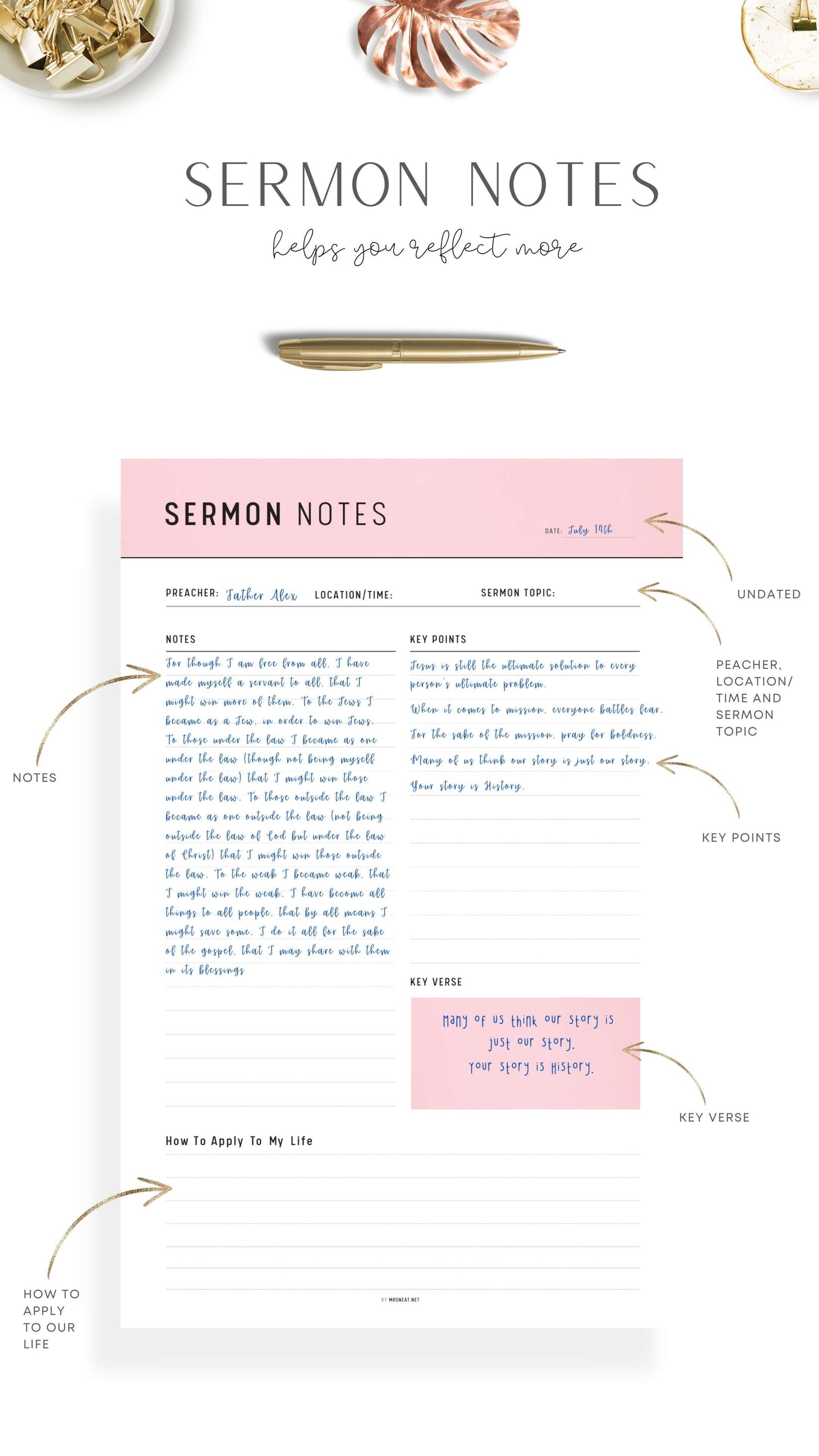 Printable Sermon Notes Journal Template - M301 – mrsneat
