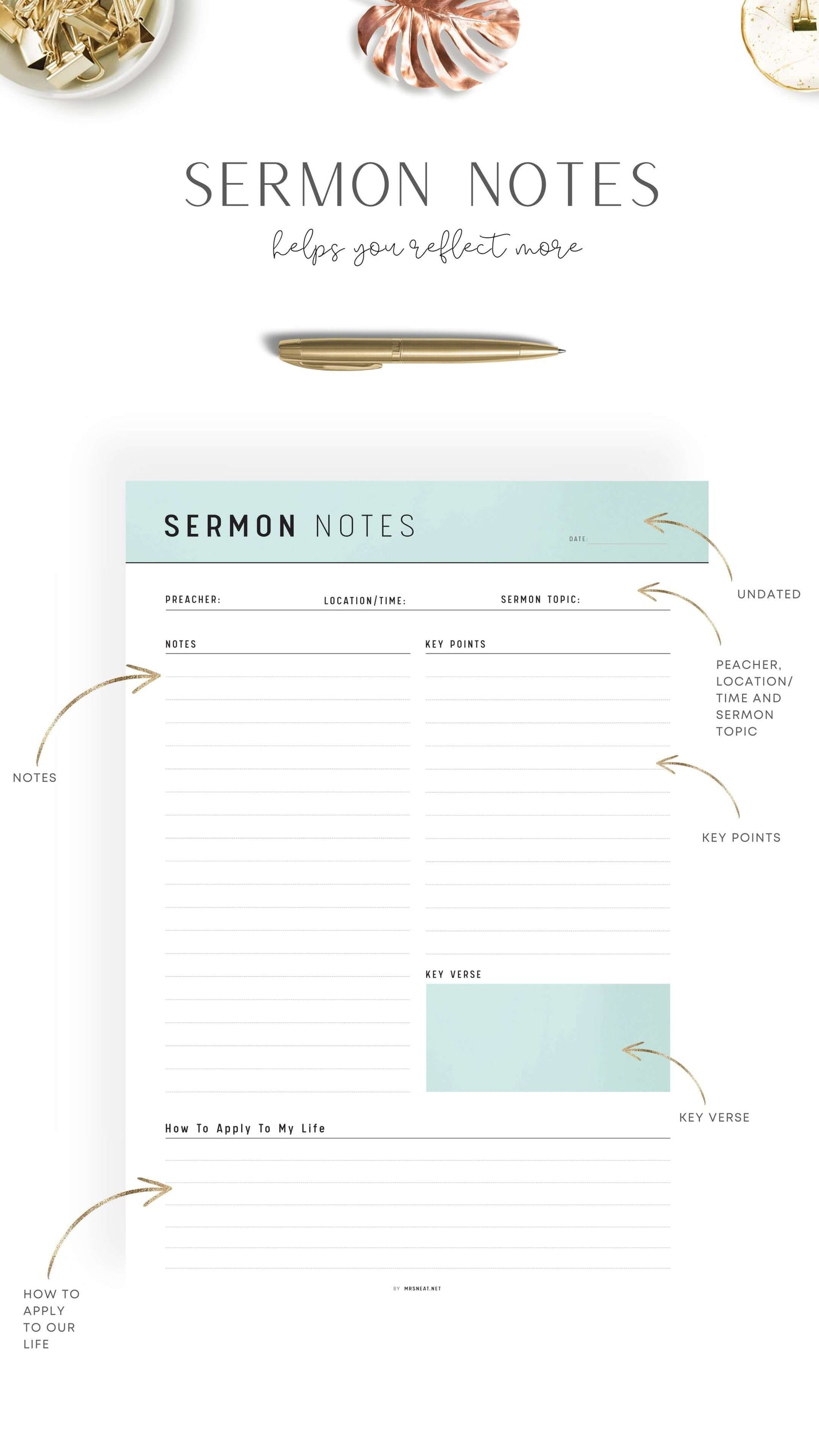 Printable Sermon Notes Journal Template - M301 – mrsneat
