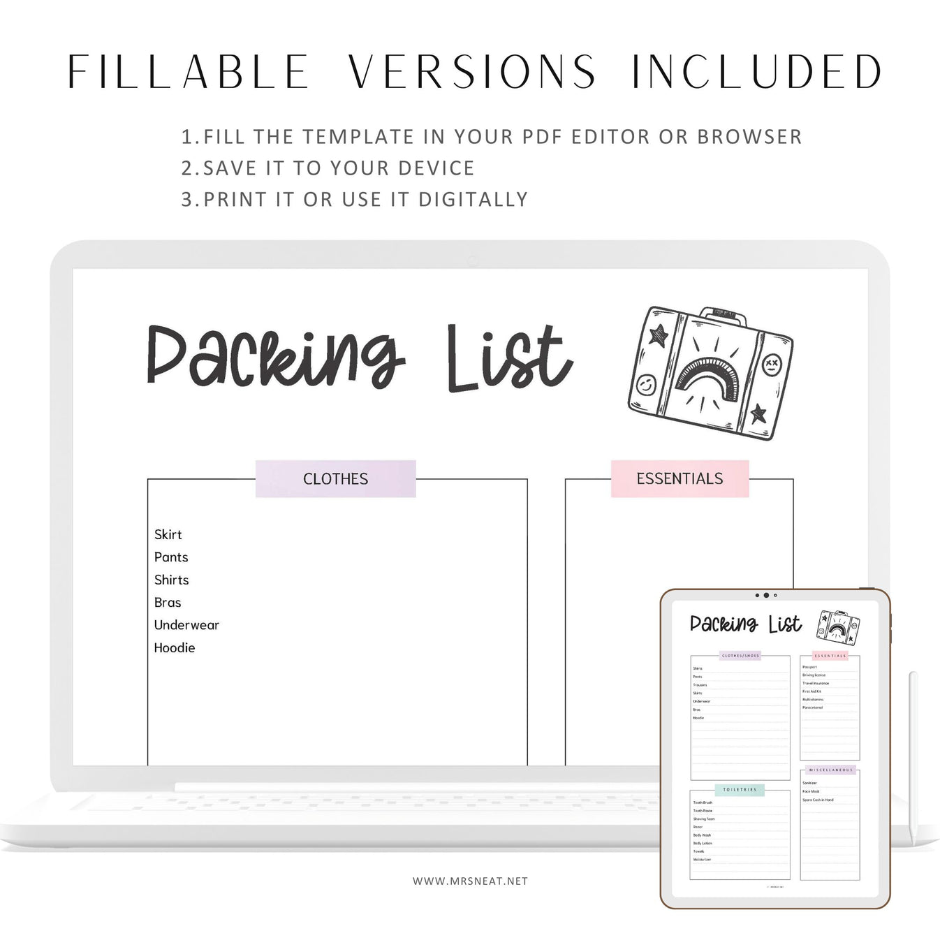 Travel Packing List Printable - M372 – mrsneat