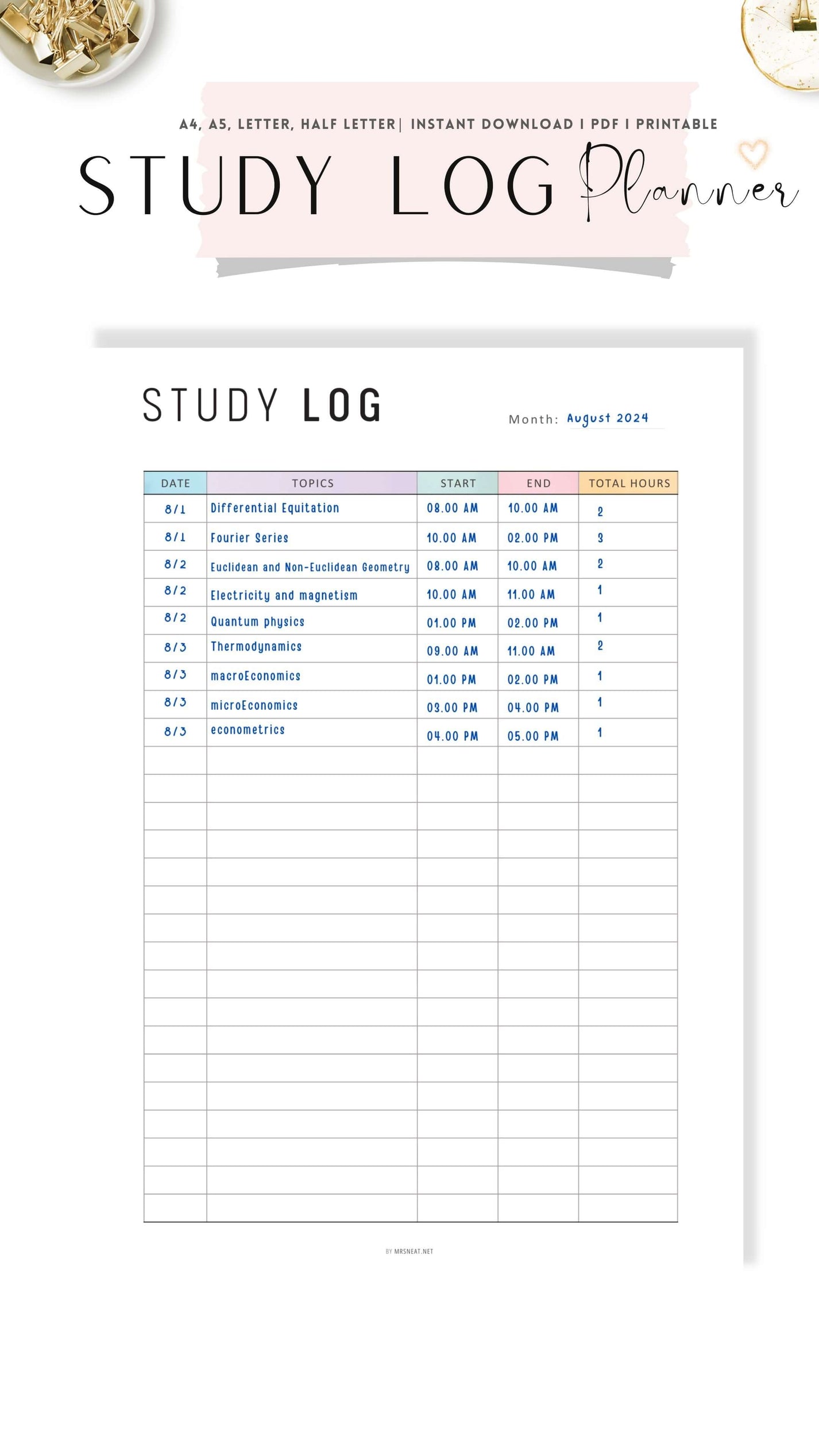 Monthly Study Log Planner Printable - M324 – mrsneat