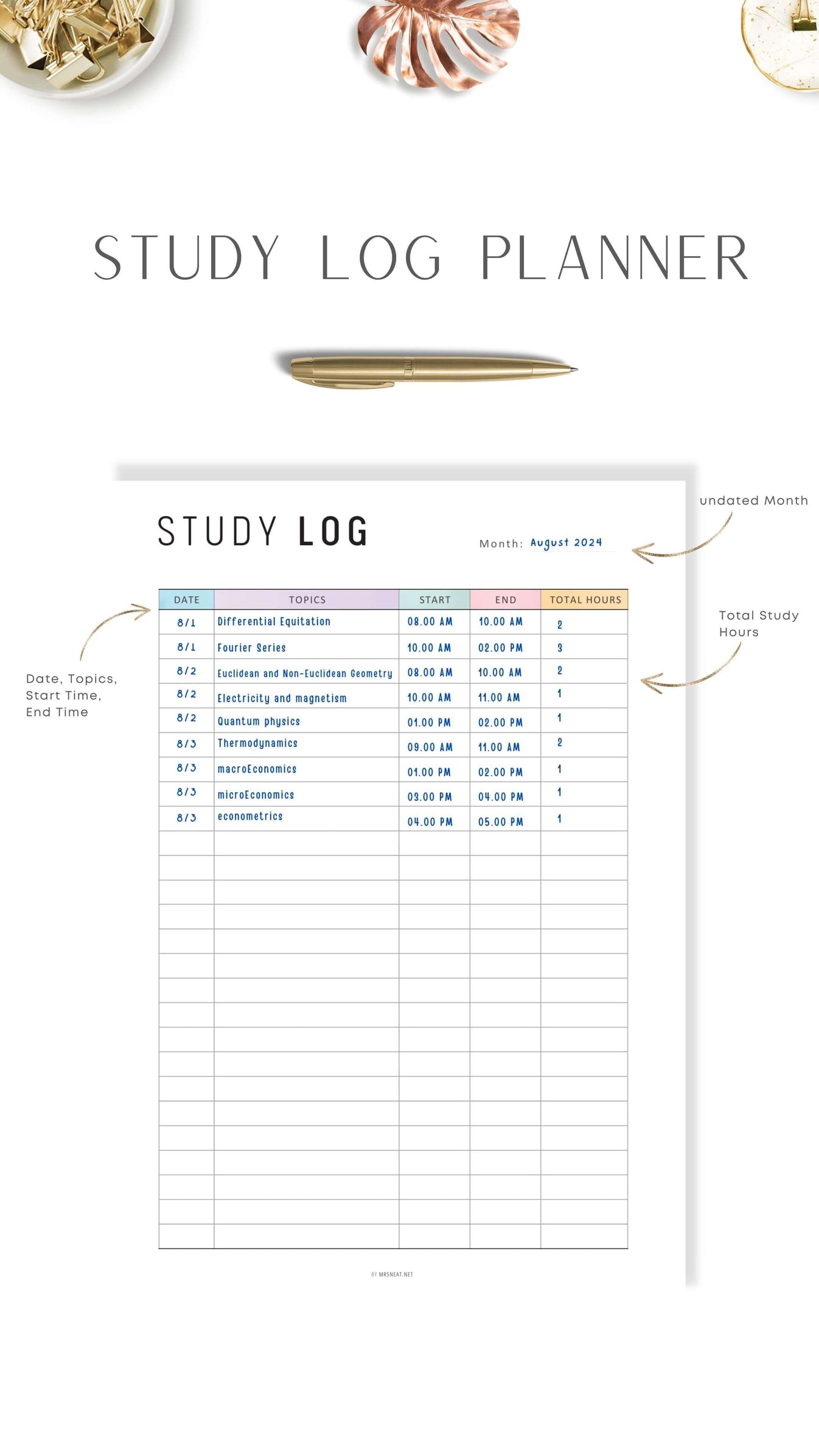 Monthly Study Log Planner Printable – mrsneat