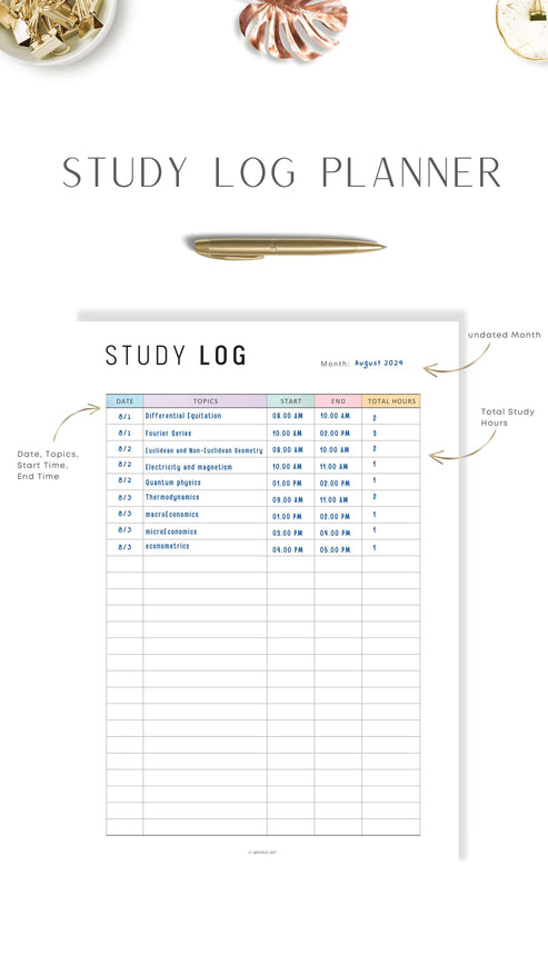 Monthly Study Log Planner Printable – mrsneat