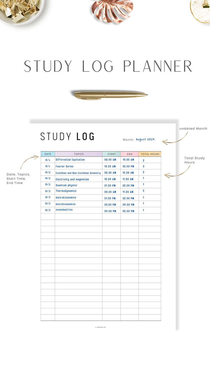Monthly Study Log Planner Printable – mrsneat