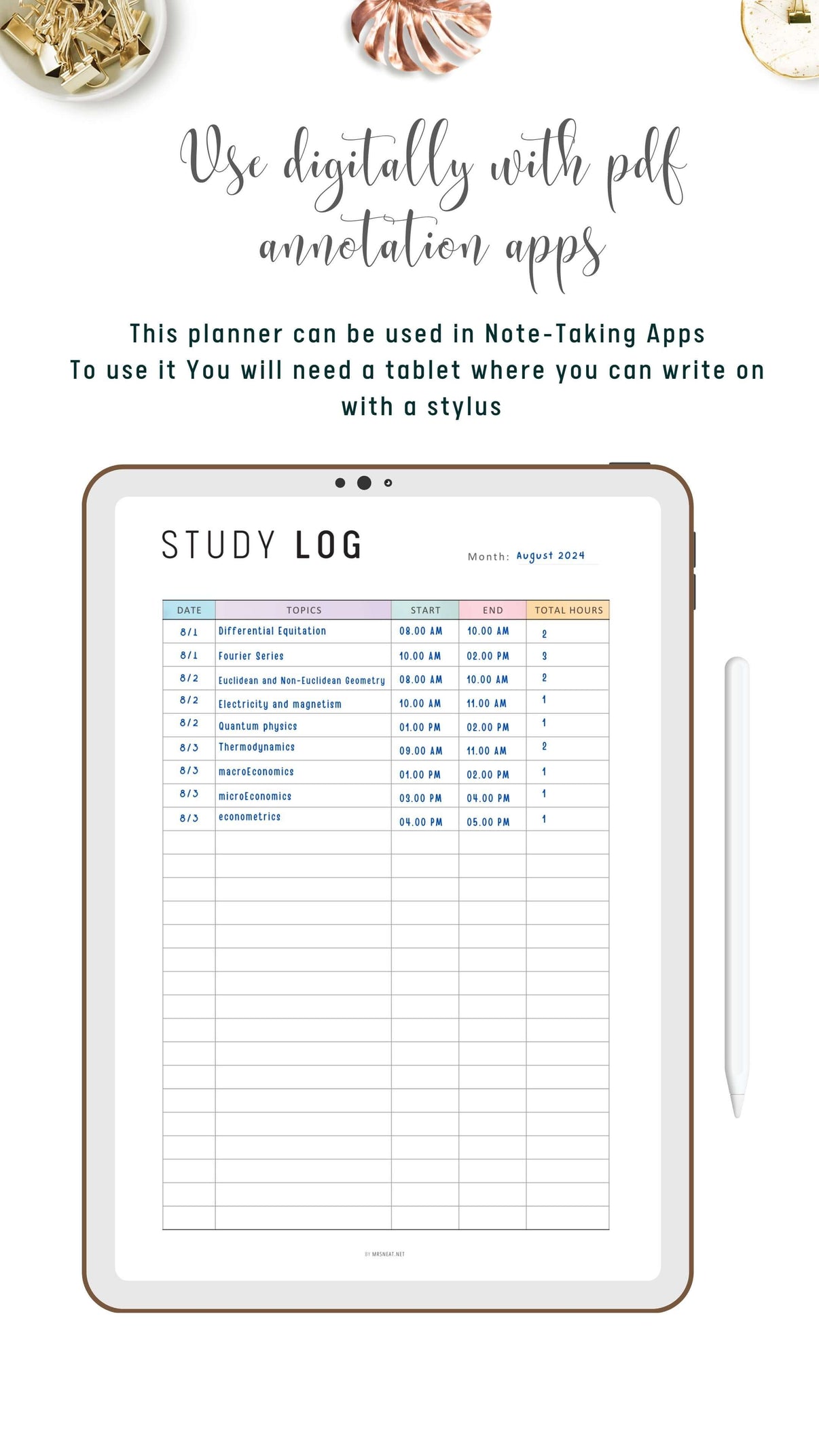 Monthly Study Log Planner Printable – mrsneat