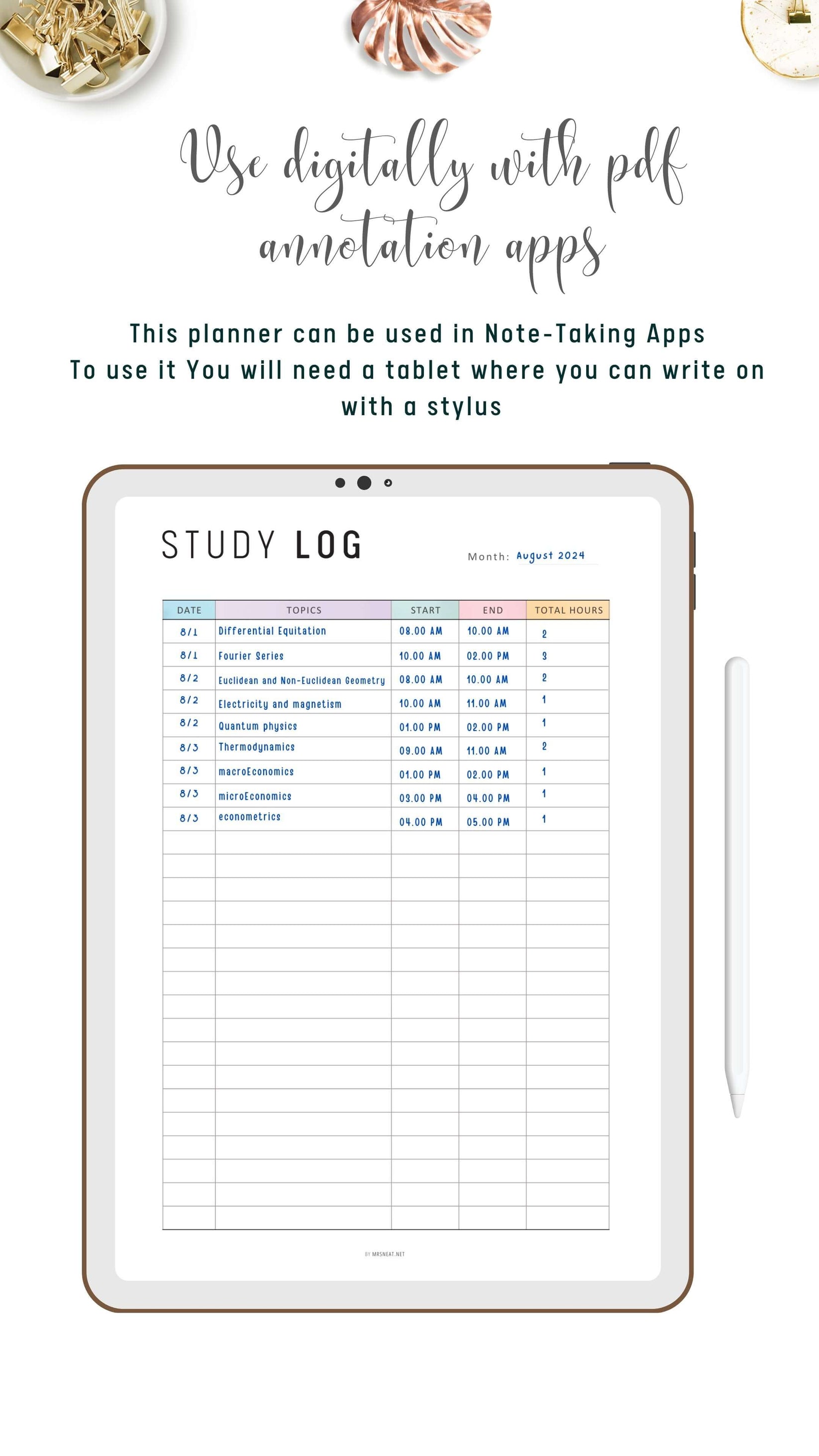 Monthly Study Log Planner Printable - M324 – mrsneat
