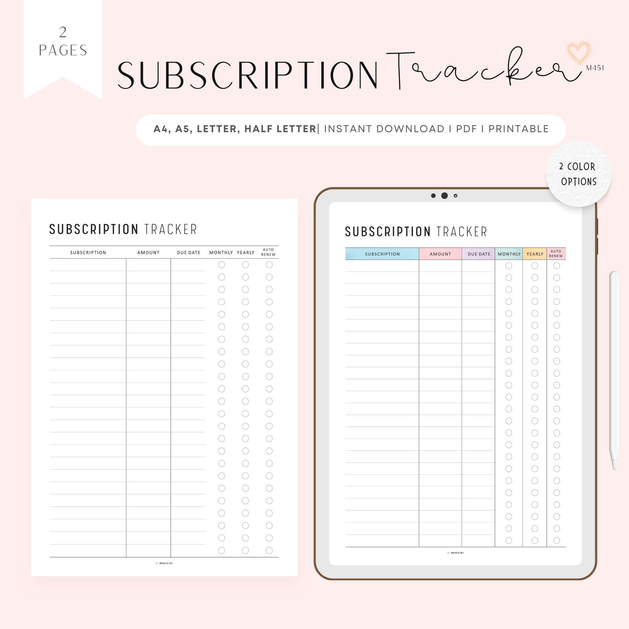 Subscription Tracker Printable - M451 – mrsneat