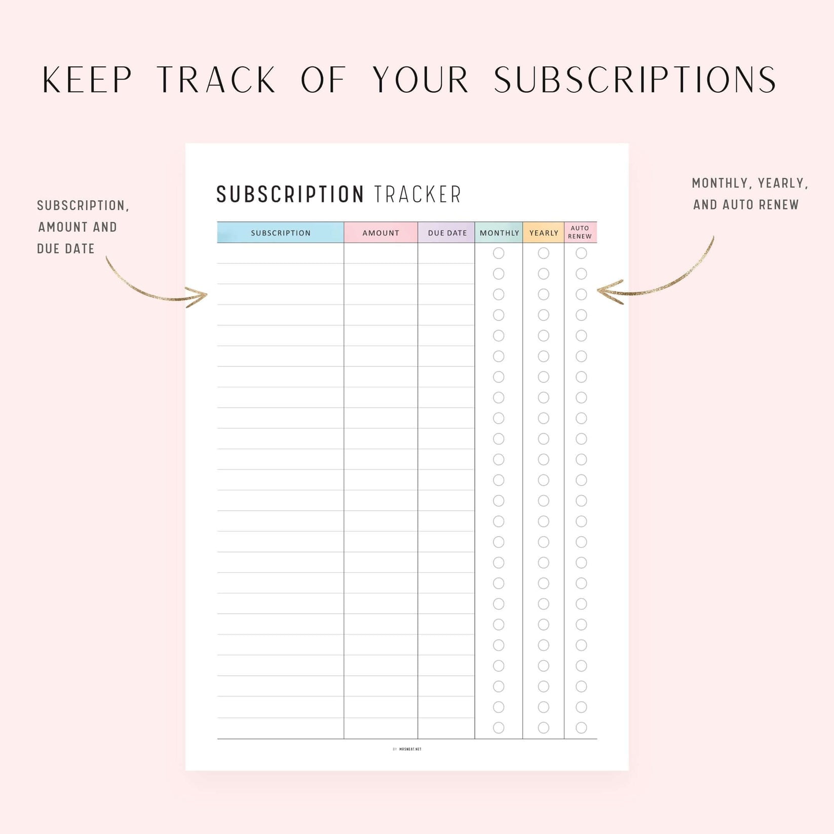Subscription Tracker Printable - M451 – mrsneat