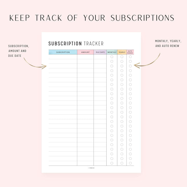 Subscription Tracker Printable - M451 – mrsneat