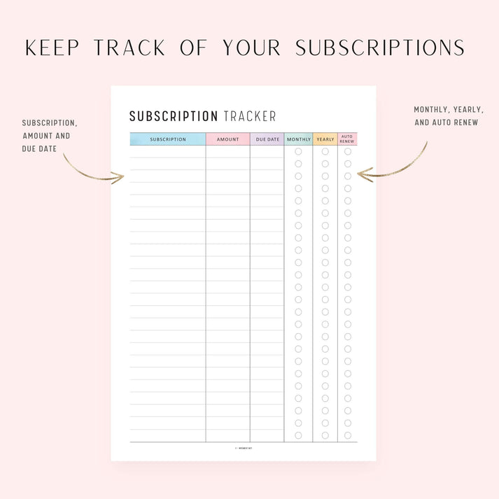 Subscription Tracker Printable - M451 – mrsneat