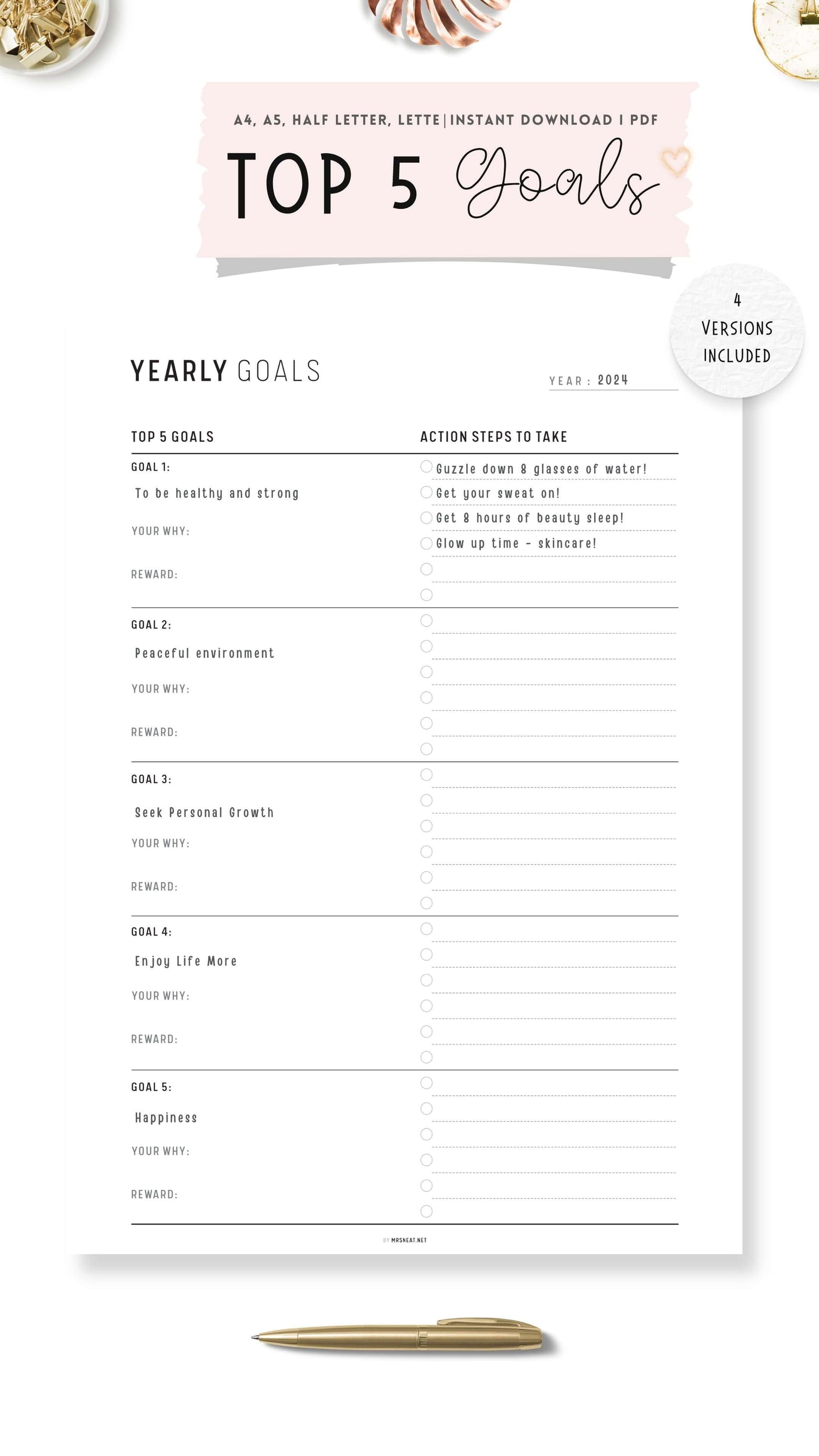 Top 5 Yearly, Quarterly, Monthly, Weekly Goals Planner PRINTABLE - M40 ...