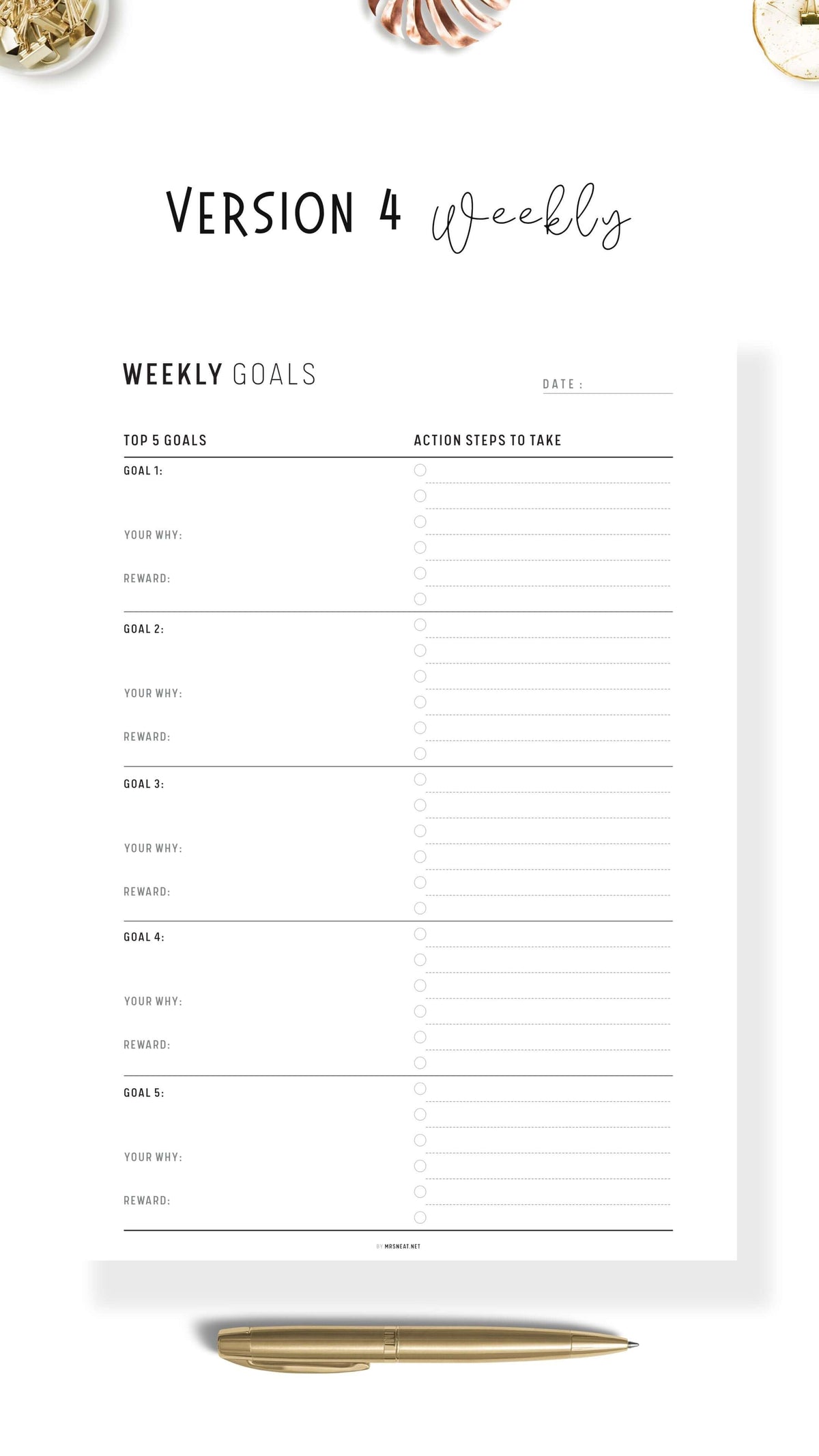 Top 5 Yearly, Quarterly, Monthly, Weekly Goals Planner PRINTABLE - M40 ...