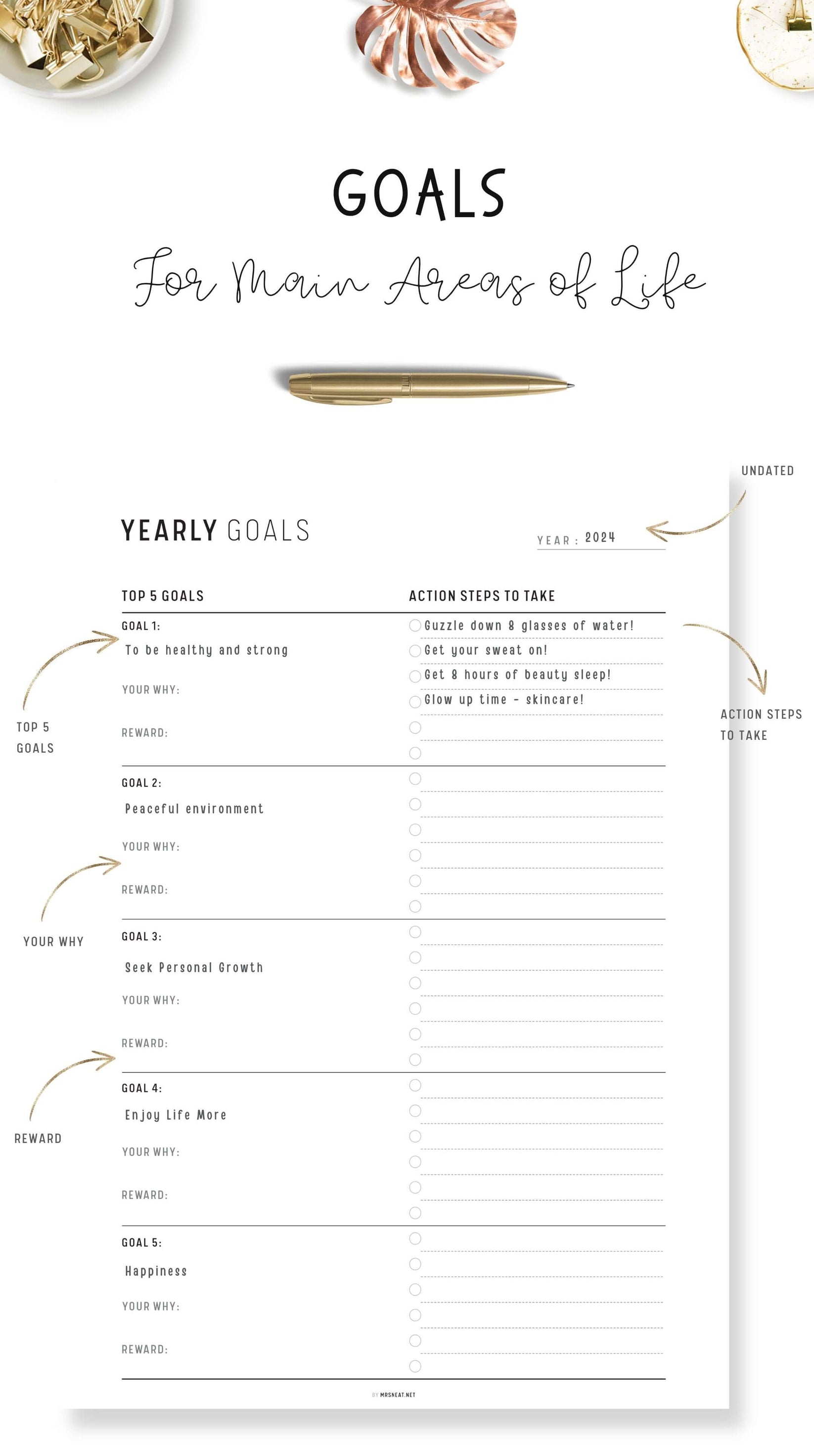 Top 5 Yearly, Quarterly, Monthly, Weekly Goals Planner PRINTABLE - M40 ...