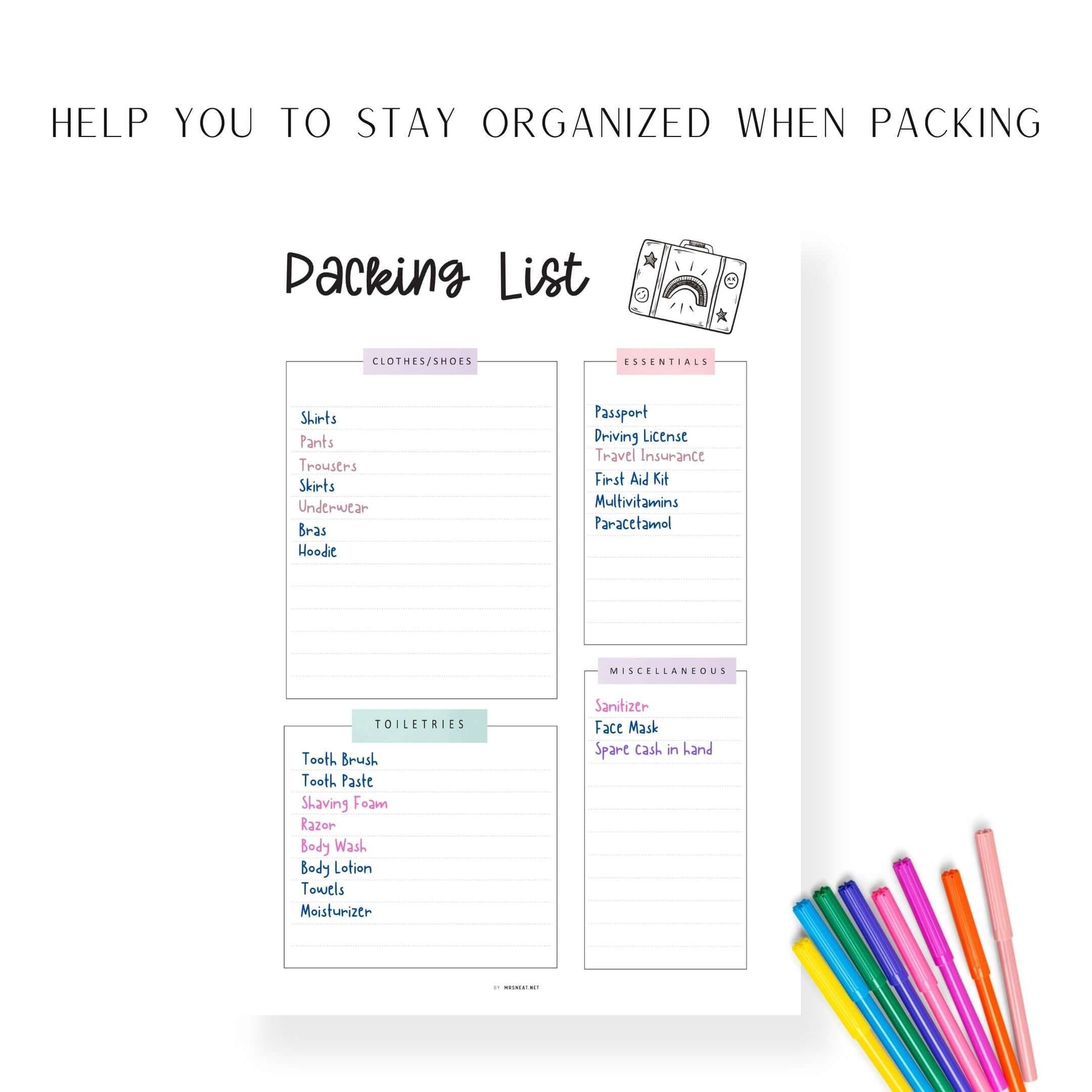 Travel Packing List Printable – mrsneat
