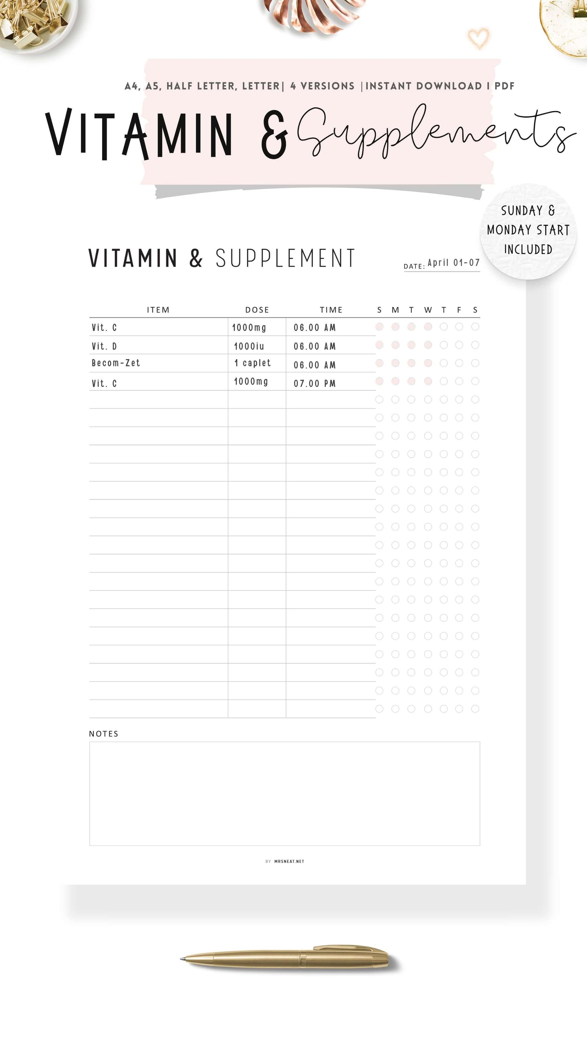 Daily Vitamin & Supplements Tracker Printable – mrsneat